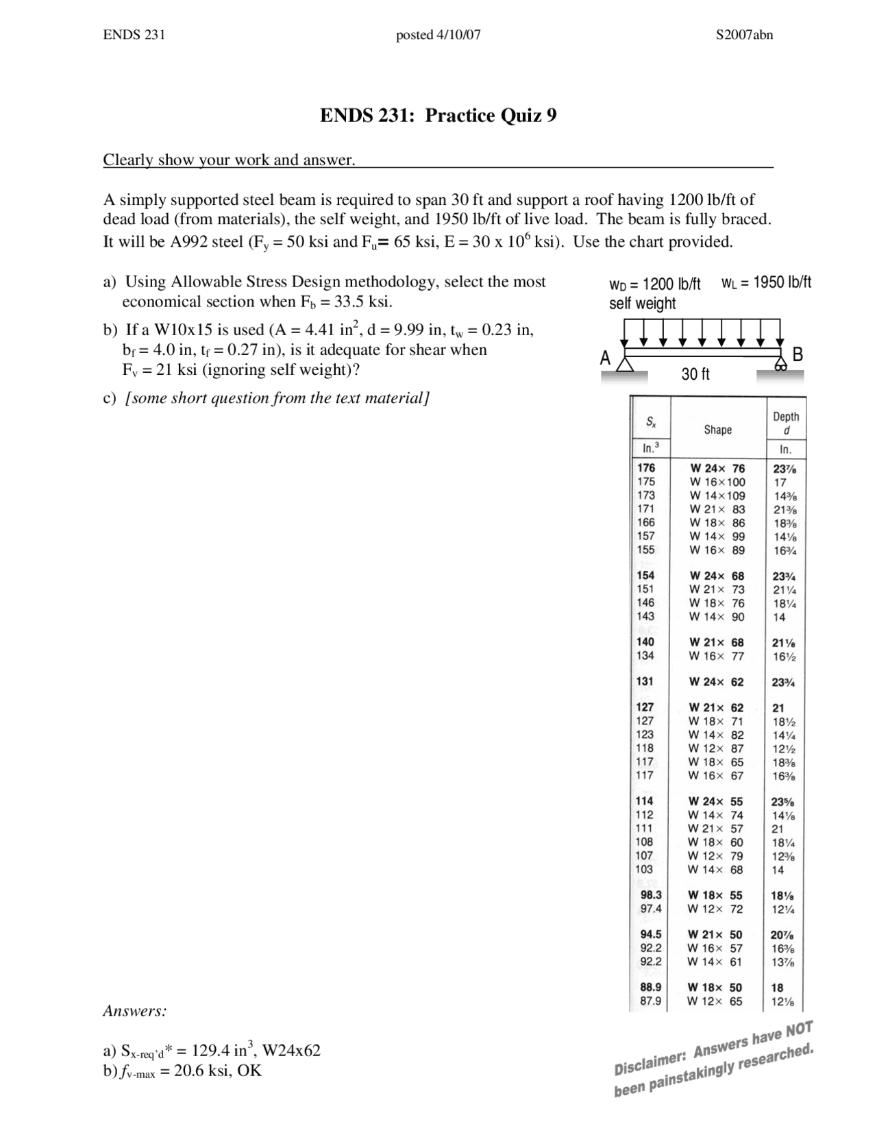 Solved Practice Quiz 9 For Architectural Structures I Ends 231 Docsity