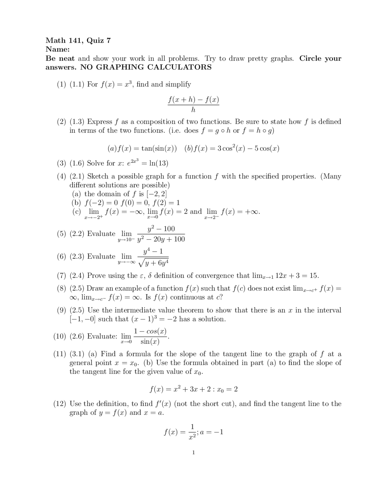 12 Problems To Evaluate The Limits And Functions Quiz 7 Math 141