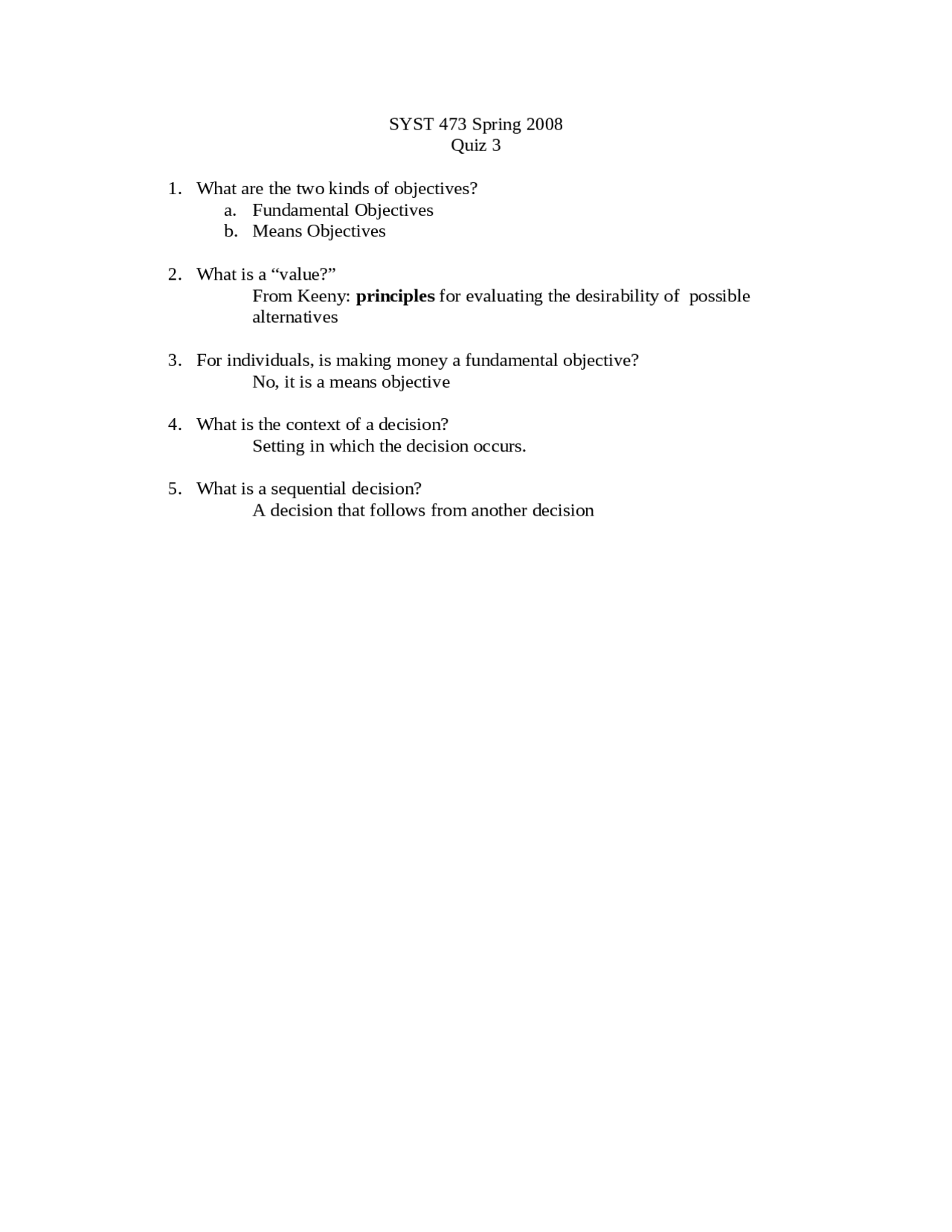 5 Questions With Answers On Decision And Risk Analysis Quiz 3 Syst