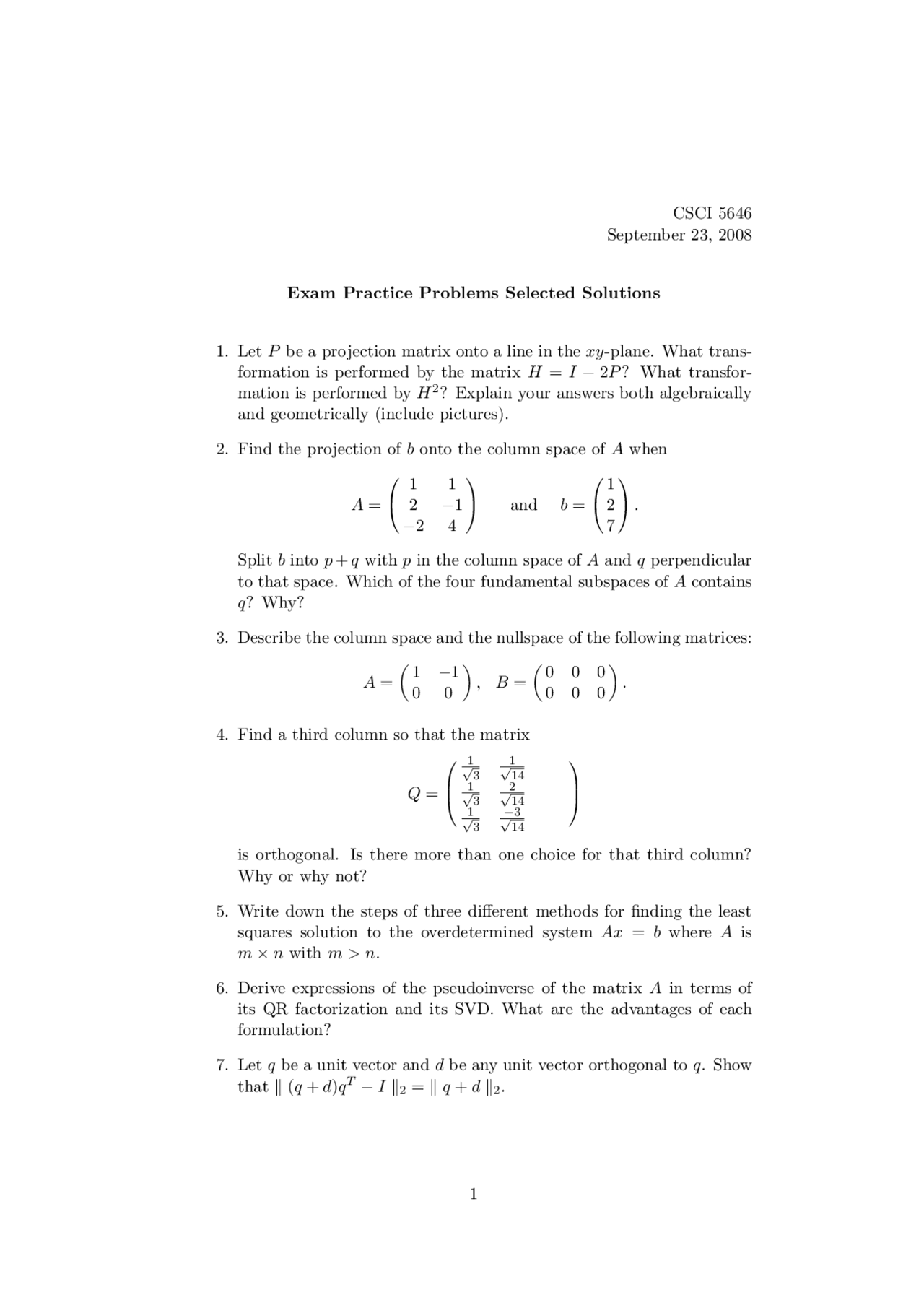 Practice Problems For Exam Numerical Linear Algebra Csci 5646 Docsity
