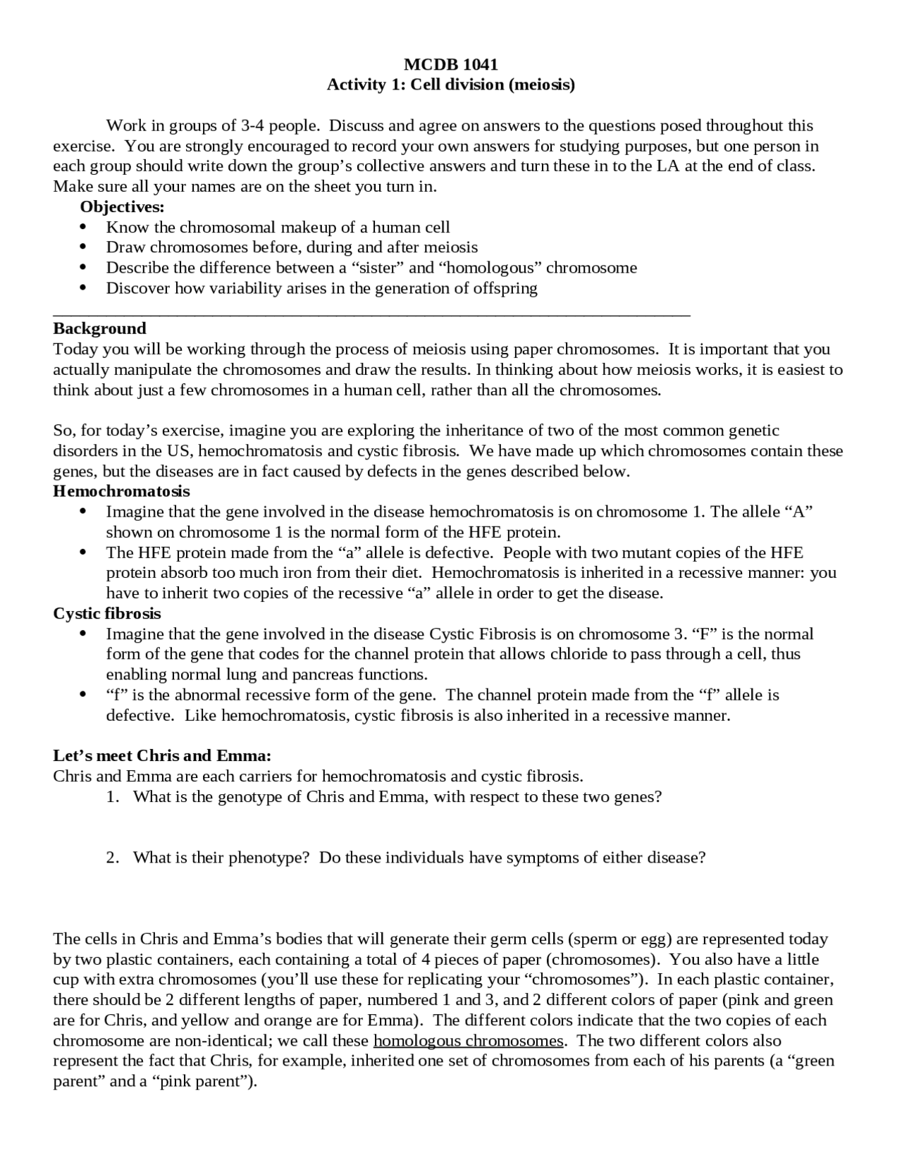 Cell Division Or Meiosis Assignment 1 Mcdb 1041 Docsity