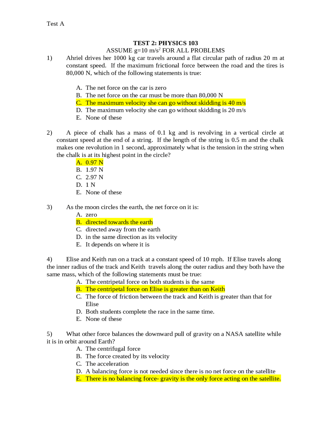 Test 2 For Physics Question With Answers Physics And Everyday