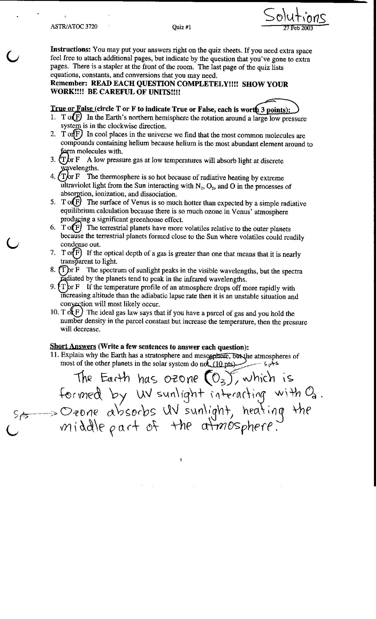 Quiz 1 Questions On Planets And Their Atmospheres With Solutions Astr