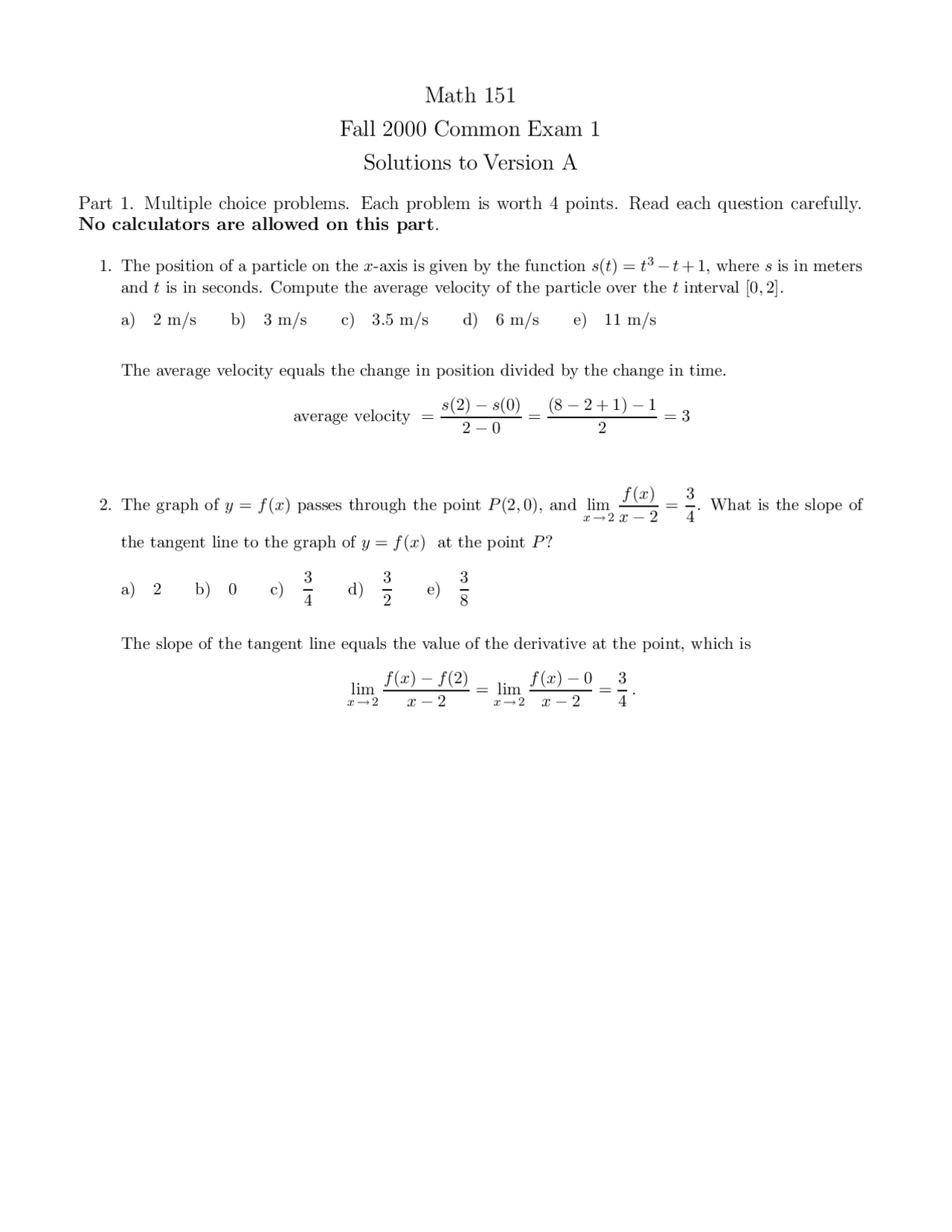 Solutions For Exam 1a Engineering Mathematics I Math 151 Docsity