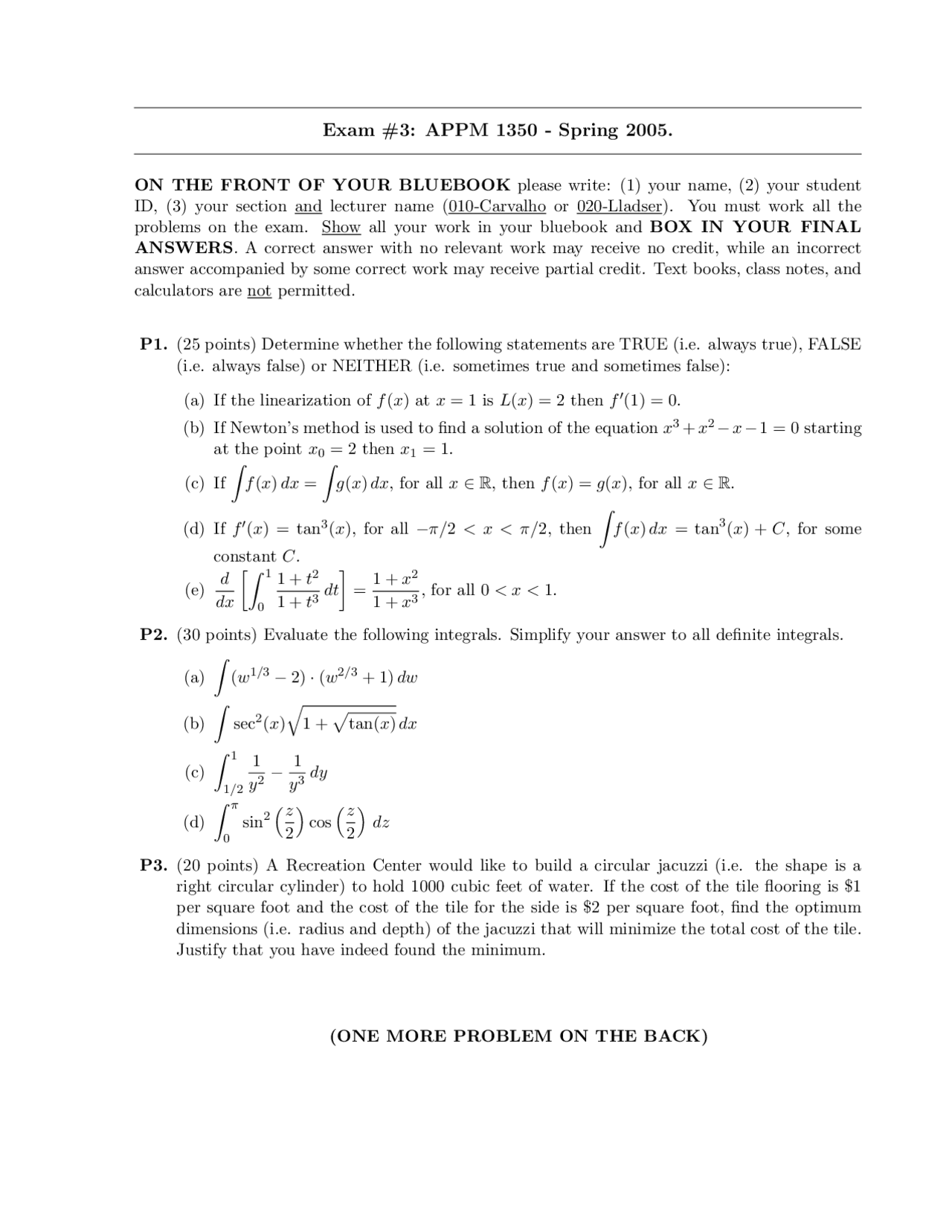 Examination 3 Calculus 1 For Engineers Spring 2005 Appm 1350