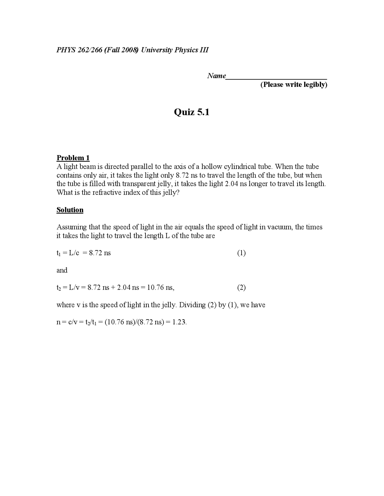 Problem with Solution on Refractive Index - Quiz | PHYS 262 - Docsity