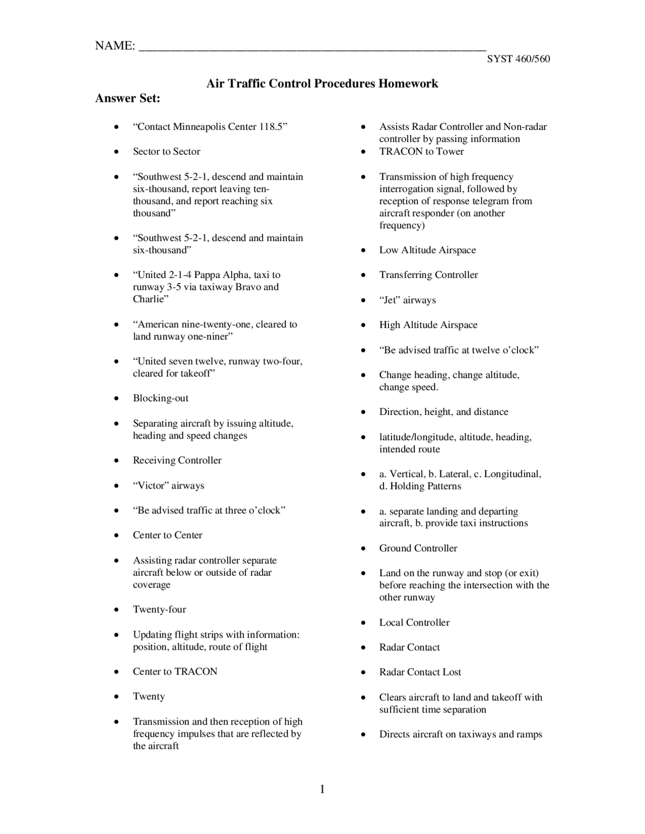 Air Traffic Control Procedures Homework Syst 460 Docsity