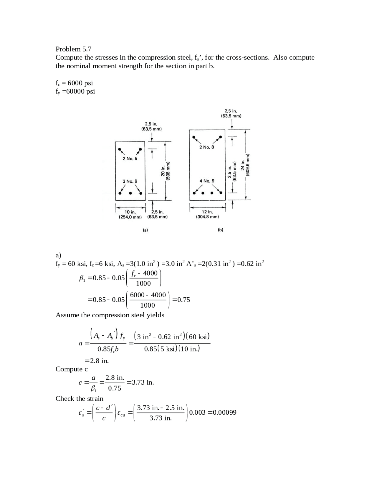 Compute Stresses In Compression Steel And Find Nominal Moment Strength