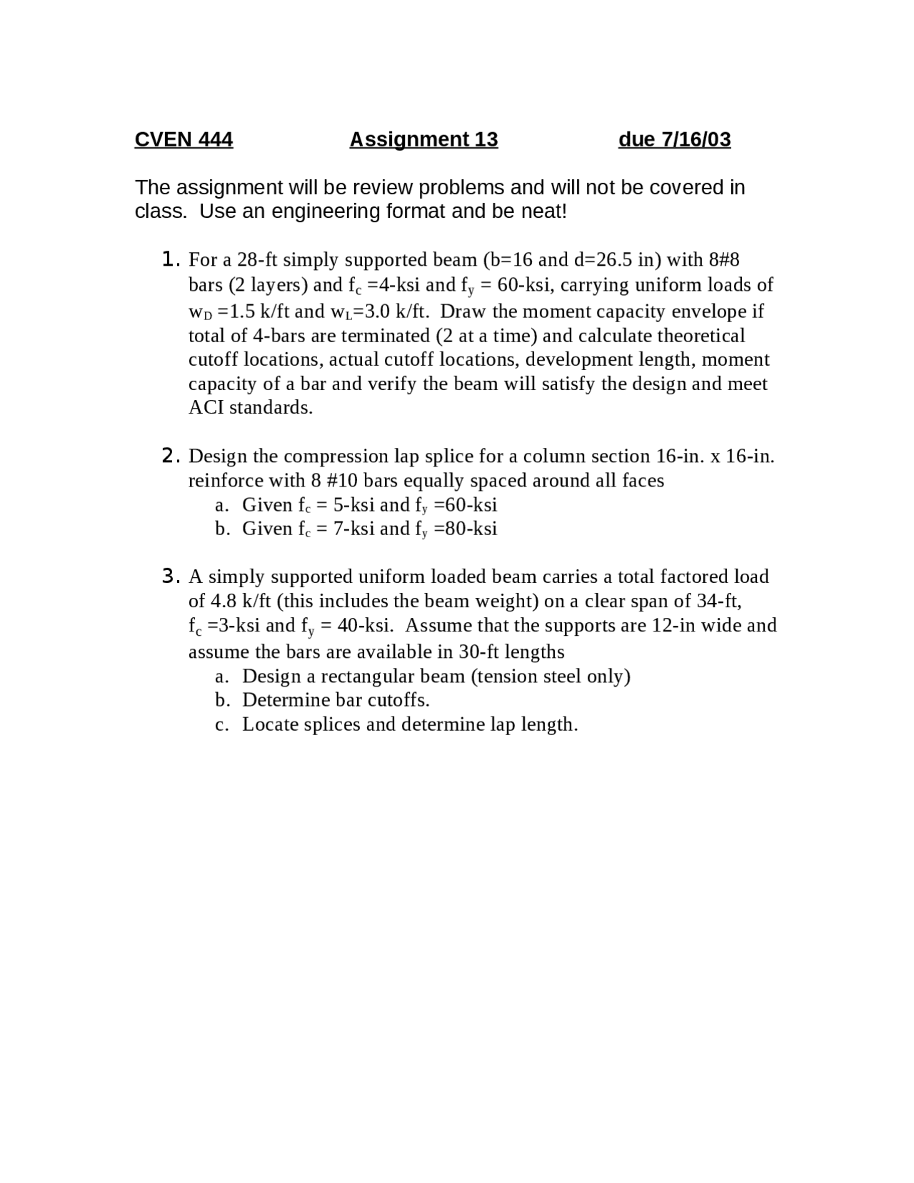Structural Concrete Design Assignment 13 Cven 444 Docsity