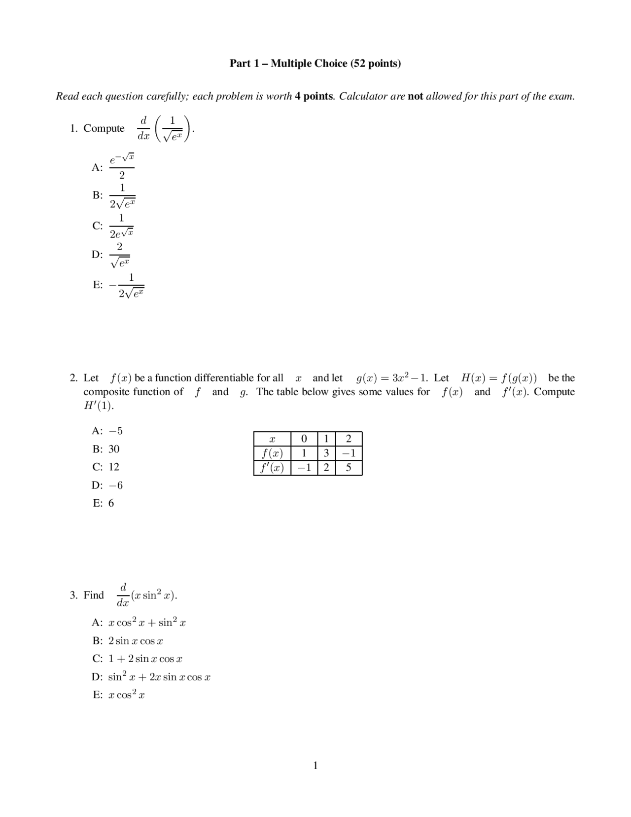 Questions Of Engineering Mathematics I Exam Math 151 Docsity