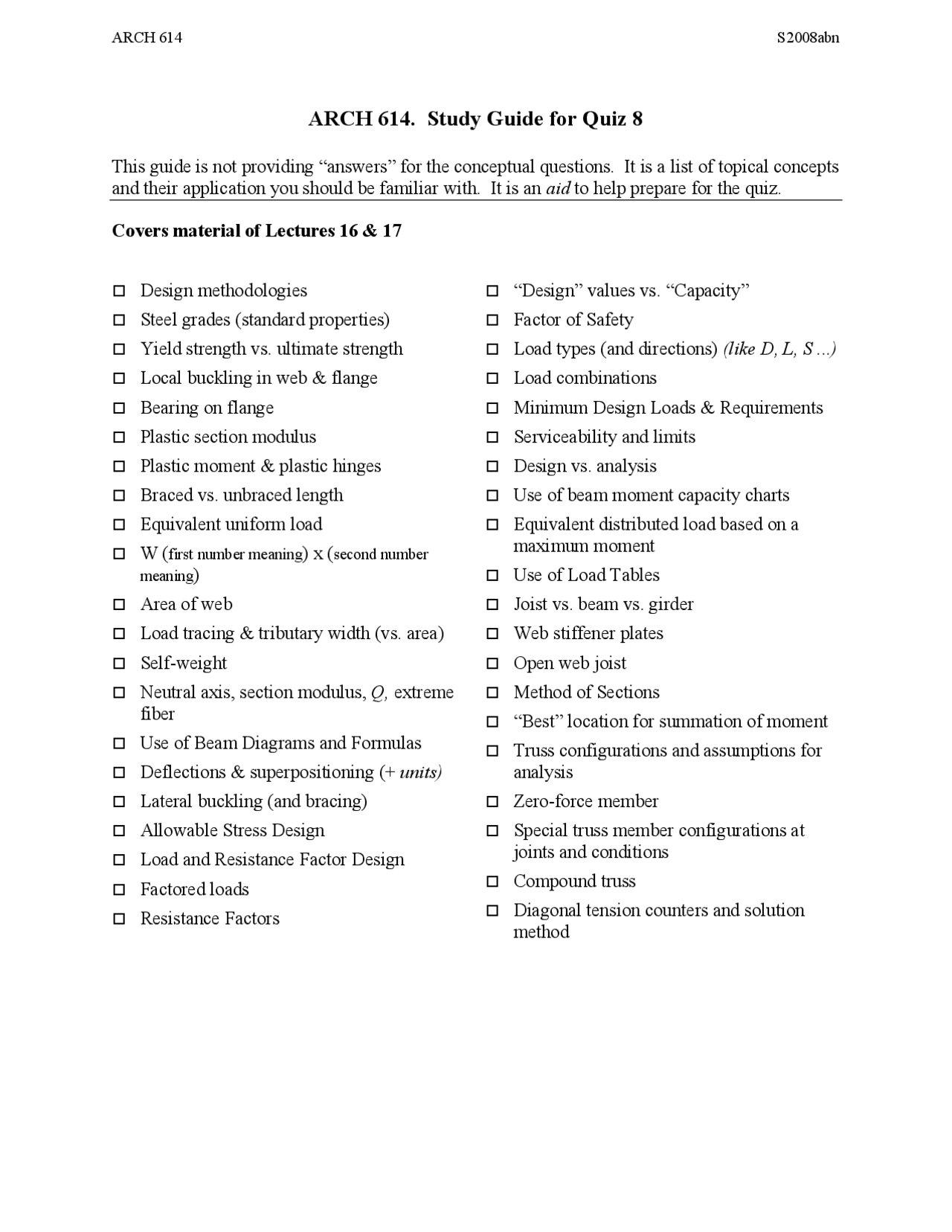 Topical Concepts Application Architecture Structures Quiz 8 Arch 614 Docsity