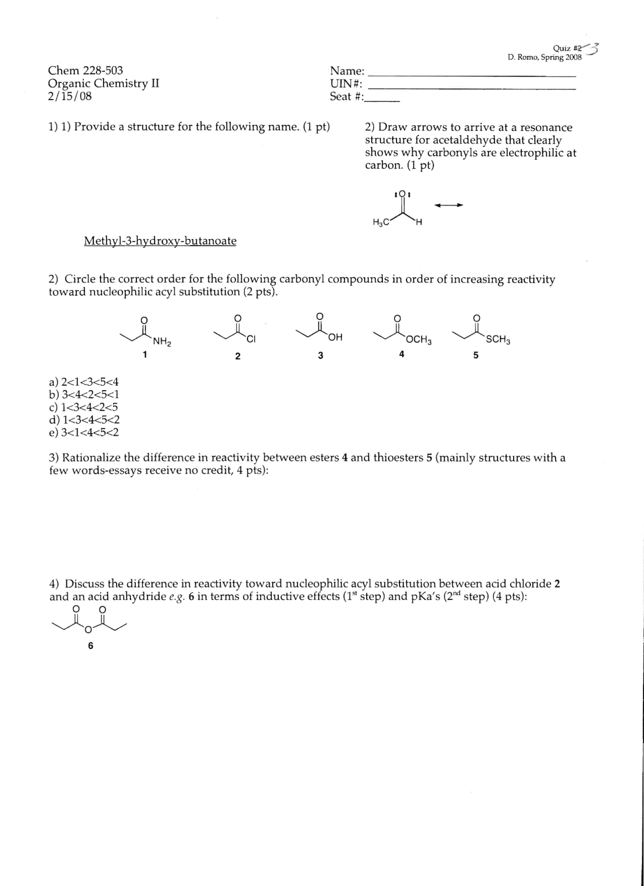 6 Questions In Organic Chemistry Ii Quiz Chem 228 Docsity