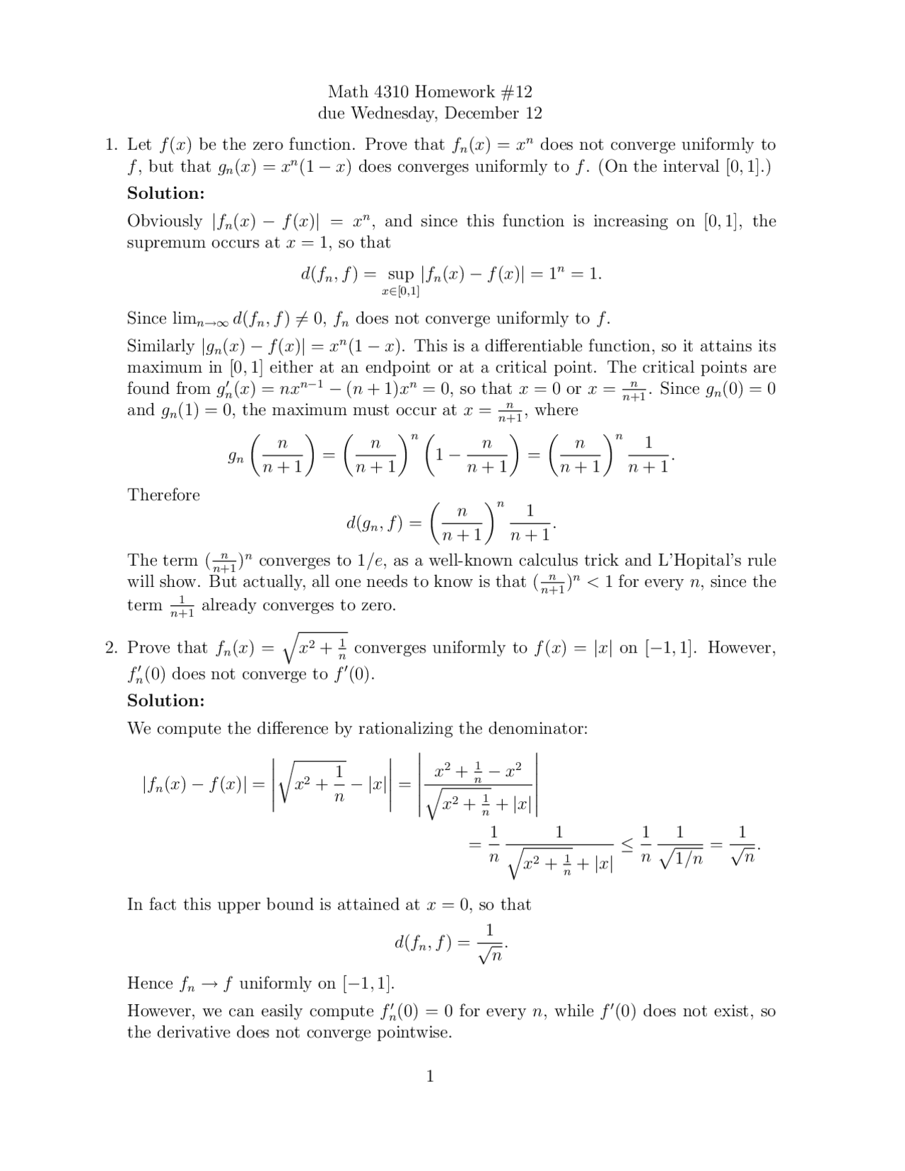 Introduction To Analysis Homework 12 Solutions Math 4310 Docsity
