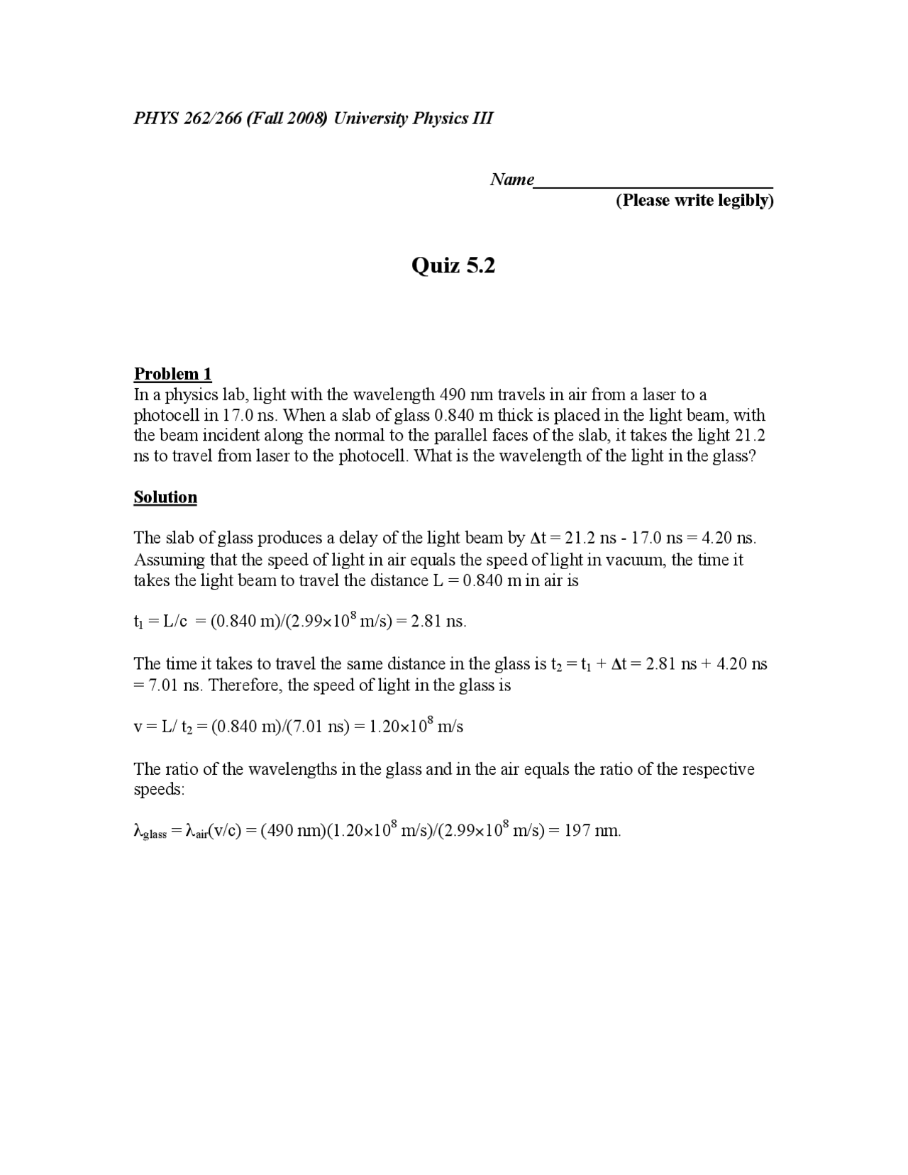 Problem With Solution Find Wavelength Of Light Quiz 5 Phys 262