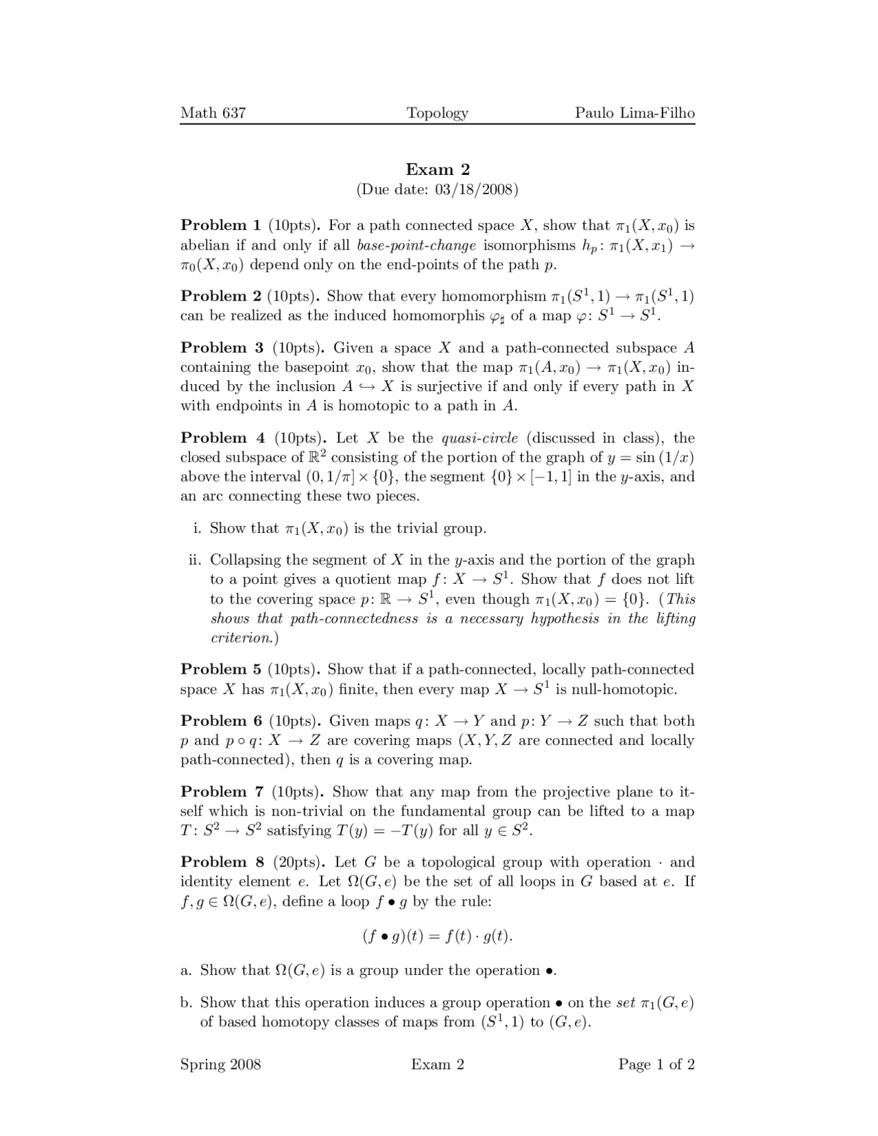 9 Problems For Exam 2 Topology Ii Math 637 Docsity