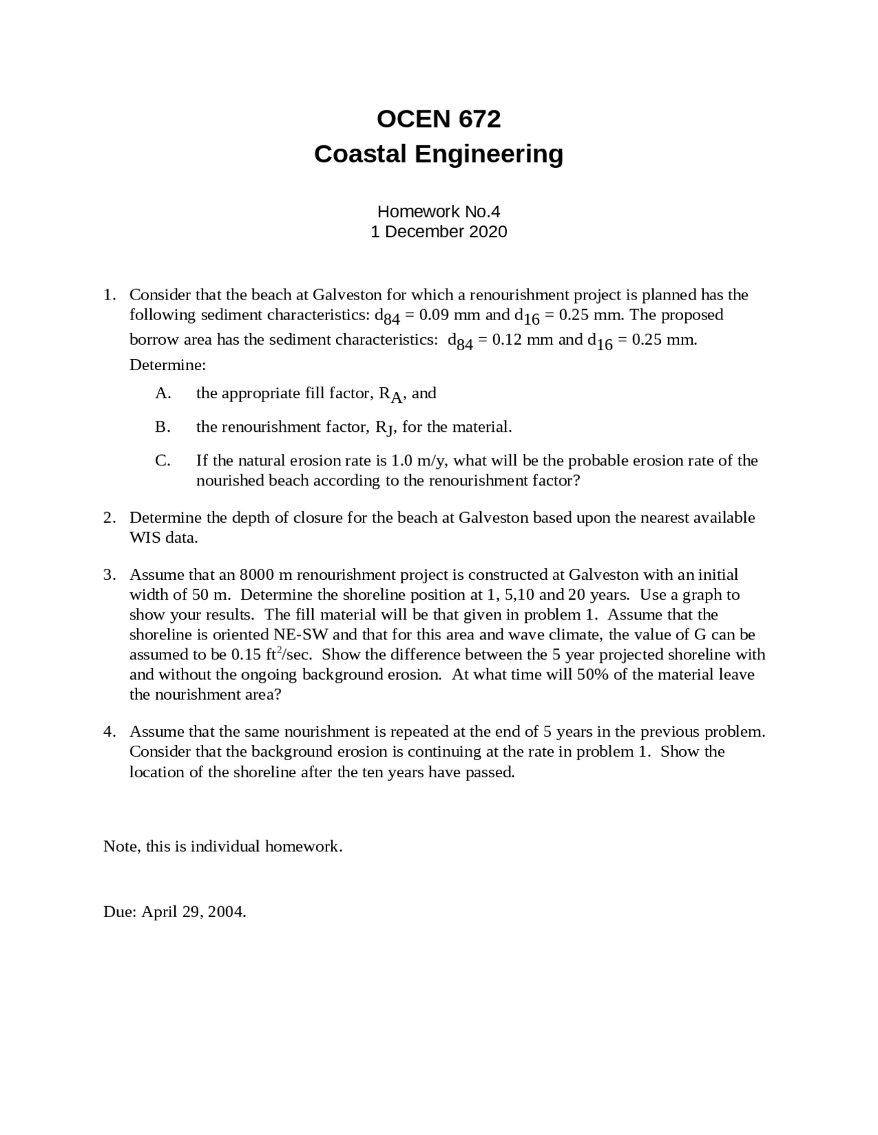 4 Problems On Coastal Engineering Assignment 4 Fall 2010 Ocen 672