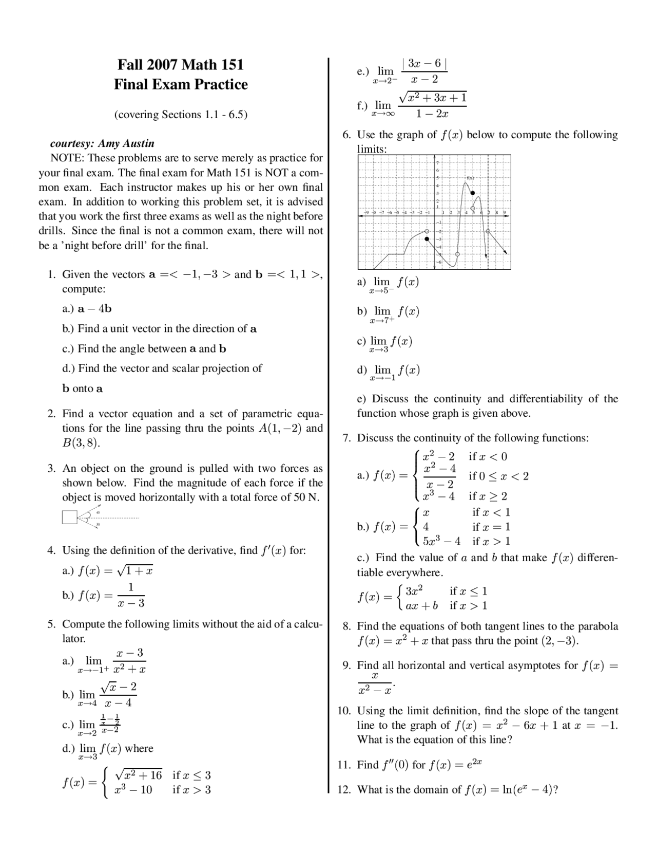 Final Exam Practice for Honors Engineering Mathematics I | MATH 151 ...