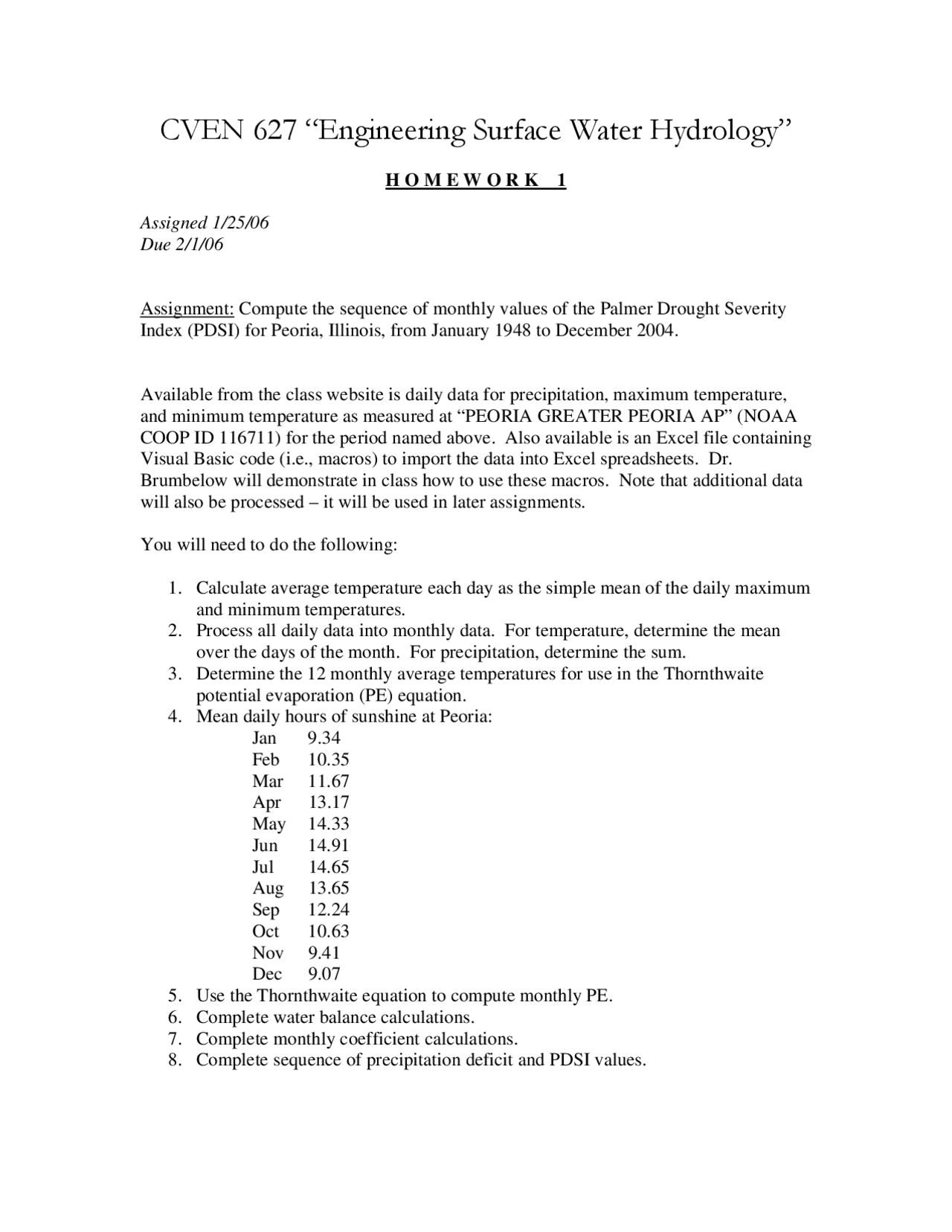 Engineering Surface Water Hydrology Homework 1 Cven 627 Docsity