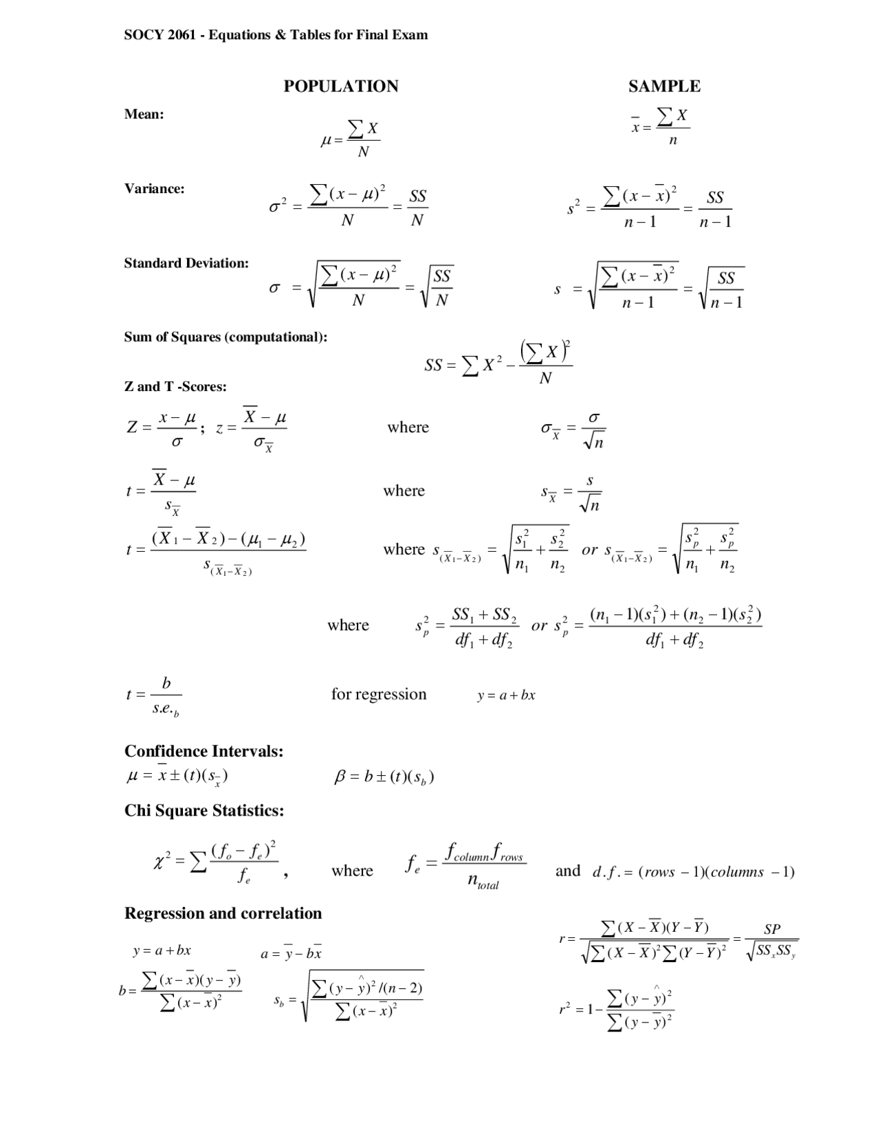 Equations And Tables For Final Exam Introduction To Social Statistics