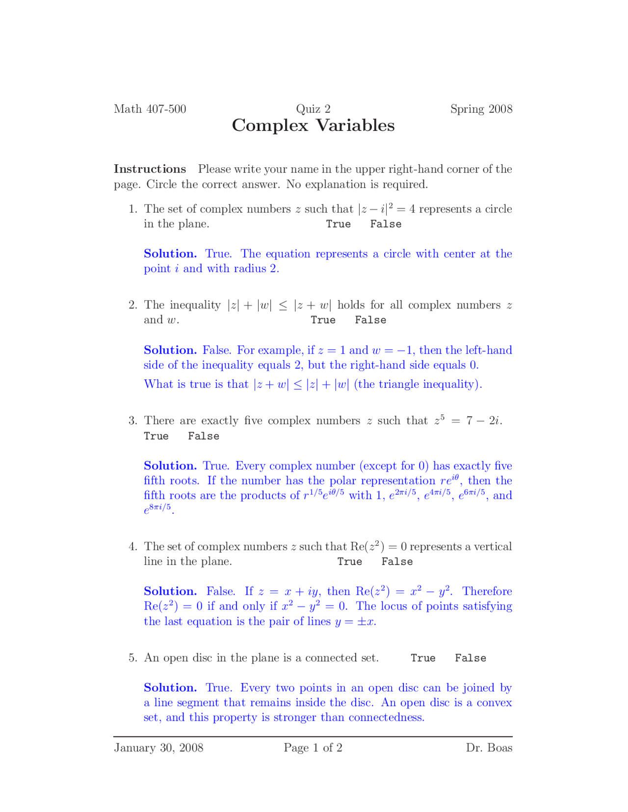 Quiz 2 With Solutions Complex Variables Math 407 Docsity