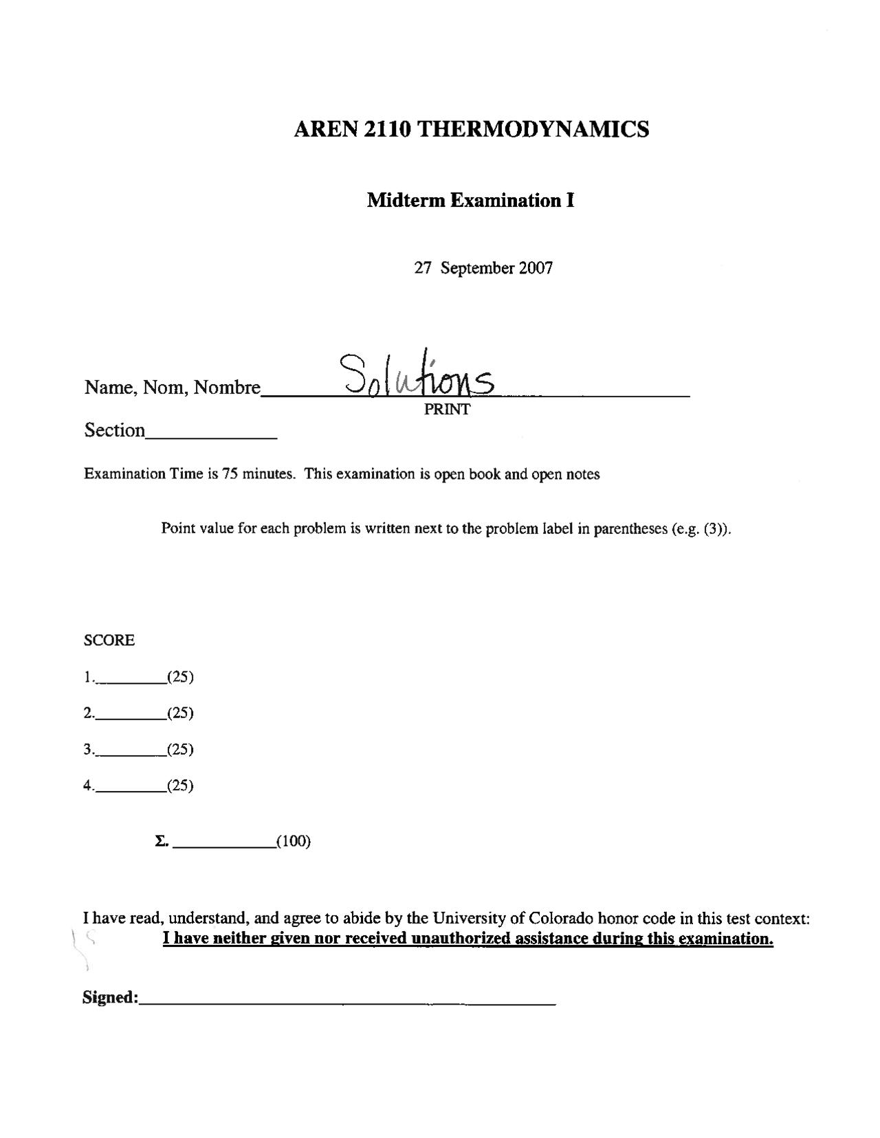 Midterm Exam With Solutions Thermodynamics Aren 2110 Docsity