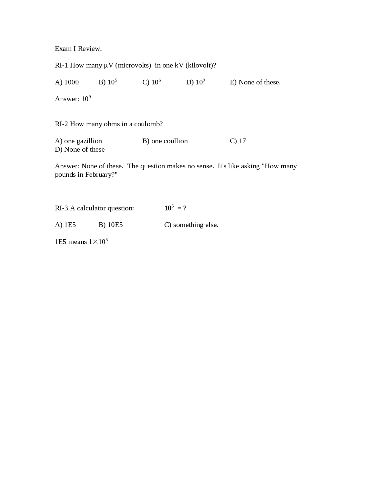 Old Exam 1 Review Sheet General Physics Ii Phys 2020 Docsity