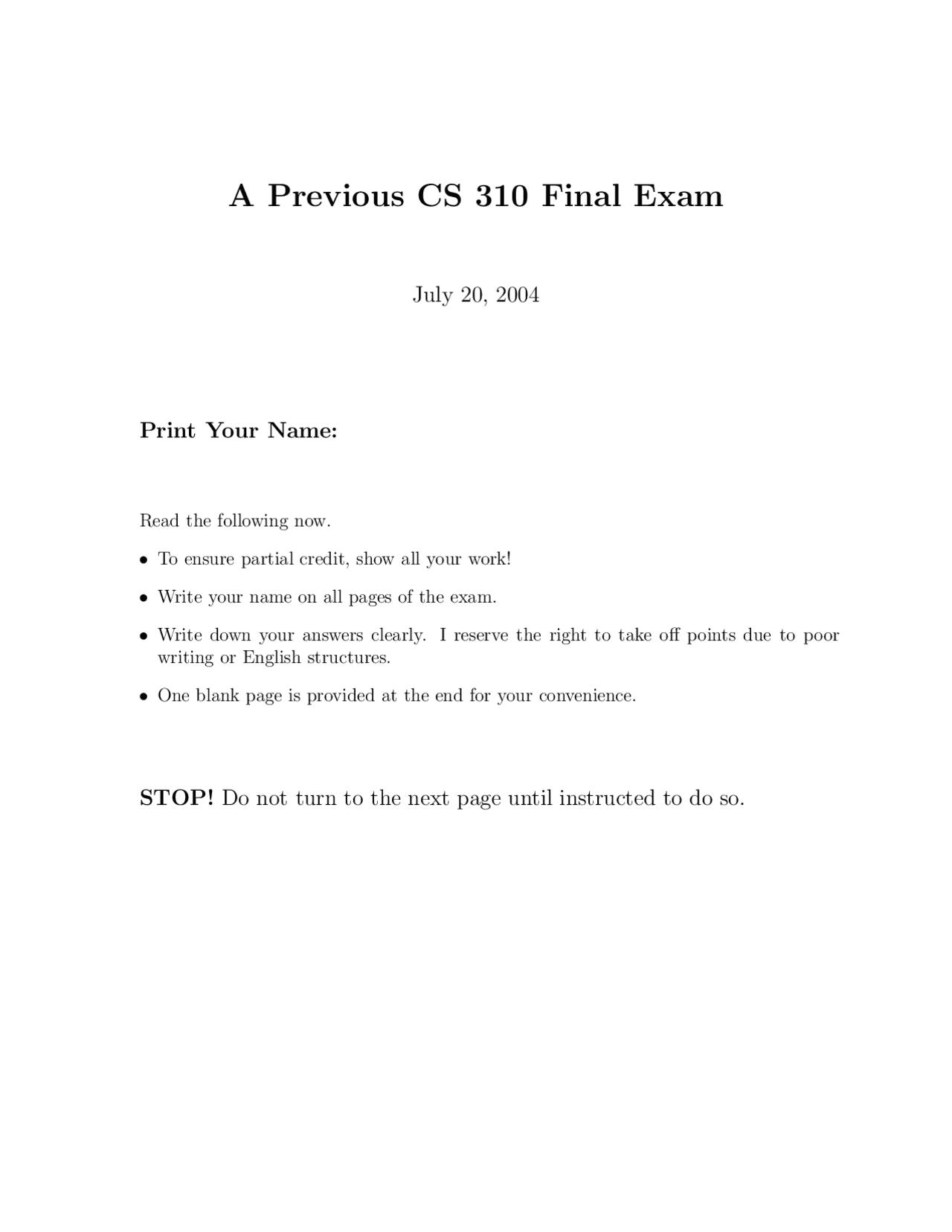 Data Structures Final Exam Preview Cs 310 Docsity