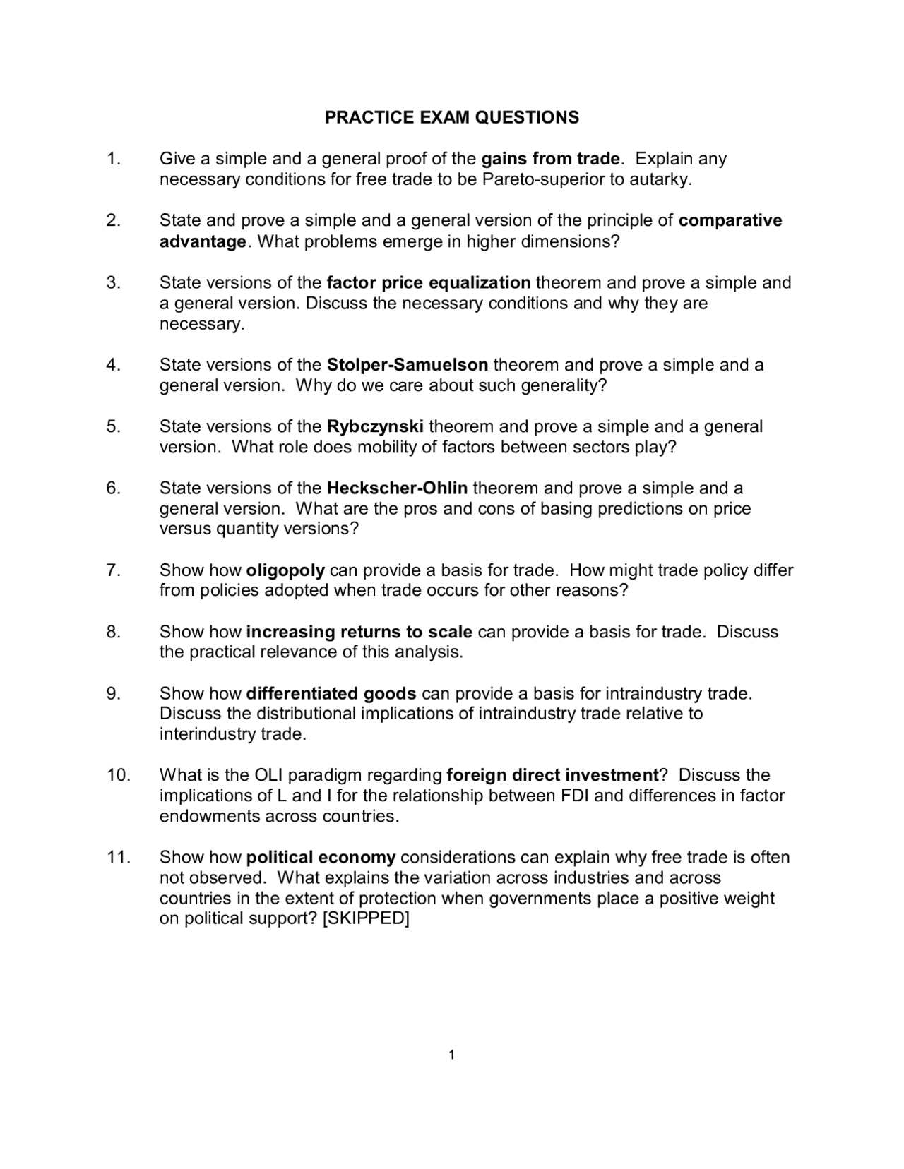 Practice Exam Questions International Trade Theory Econ 652 Docsity