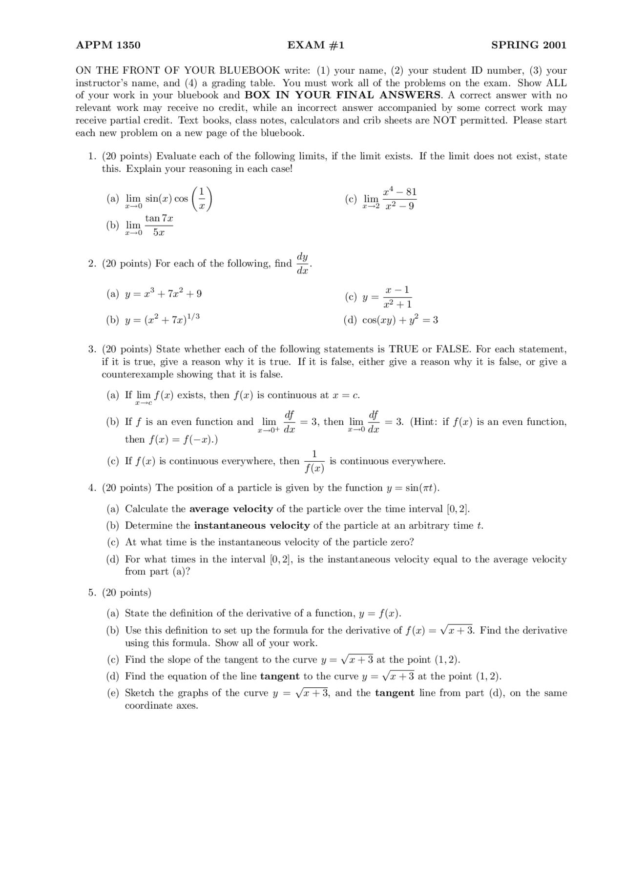 Exam 1 Questions Calculus 1 For Engineers Appm 1350 Docsity
