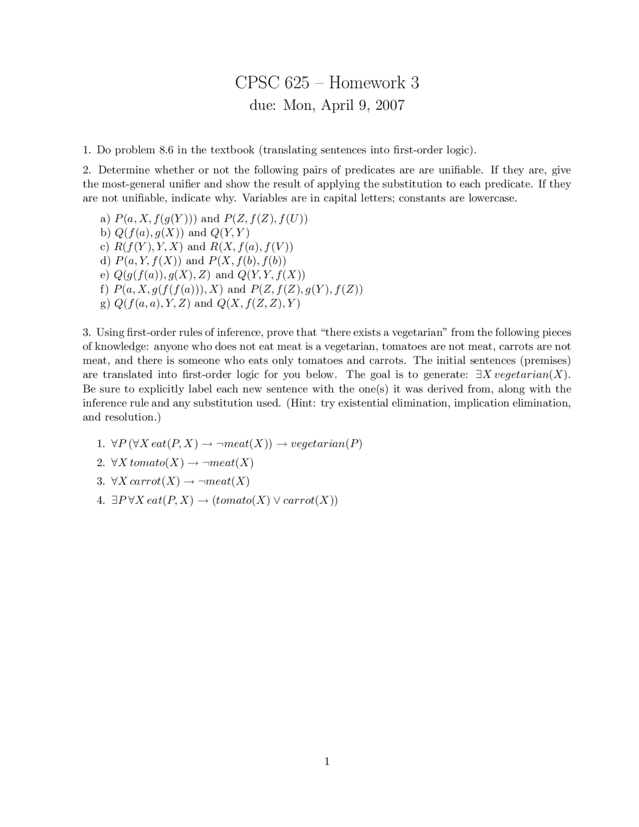 Homework 3 Artificial Intelligence Fall 2009 Cpsc 625 Docsity