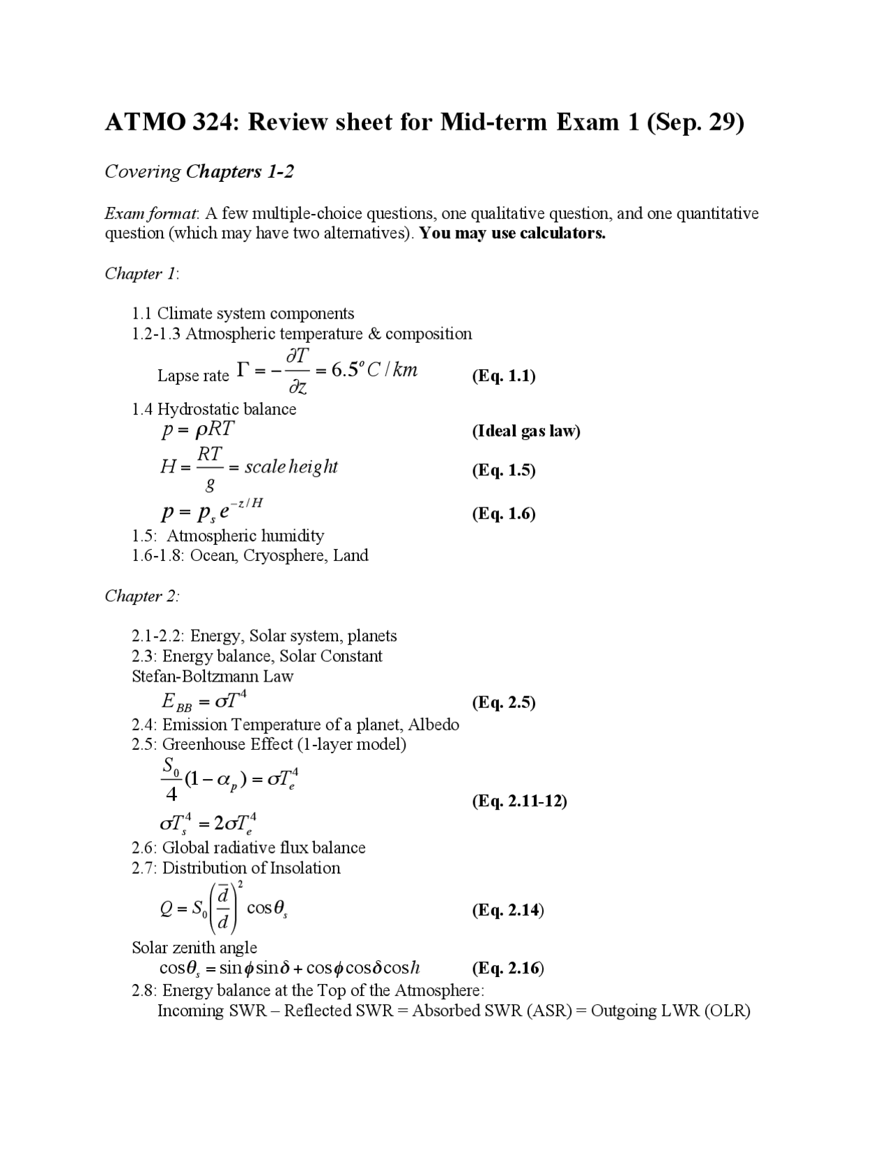 Physics And Regional Climatology Review Sheet Atmo 324 Docsity