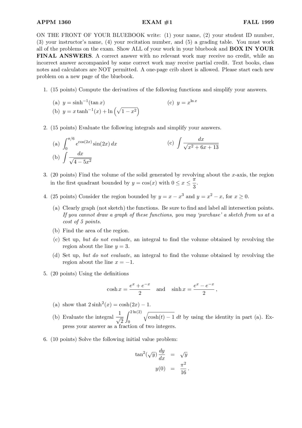 Practice Problems For Exam 1 Calculus Ii For Engineers Fall 1999