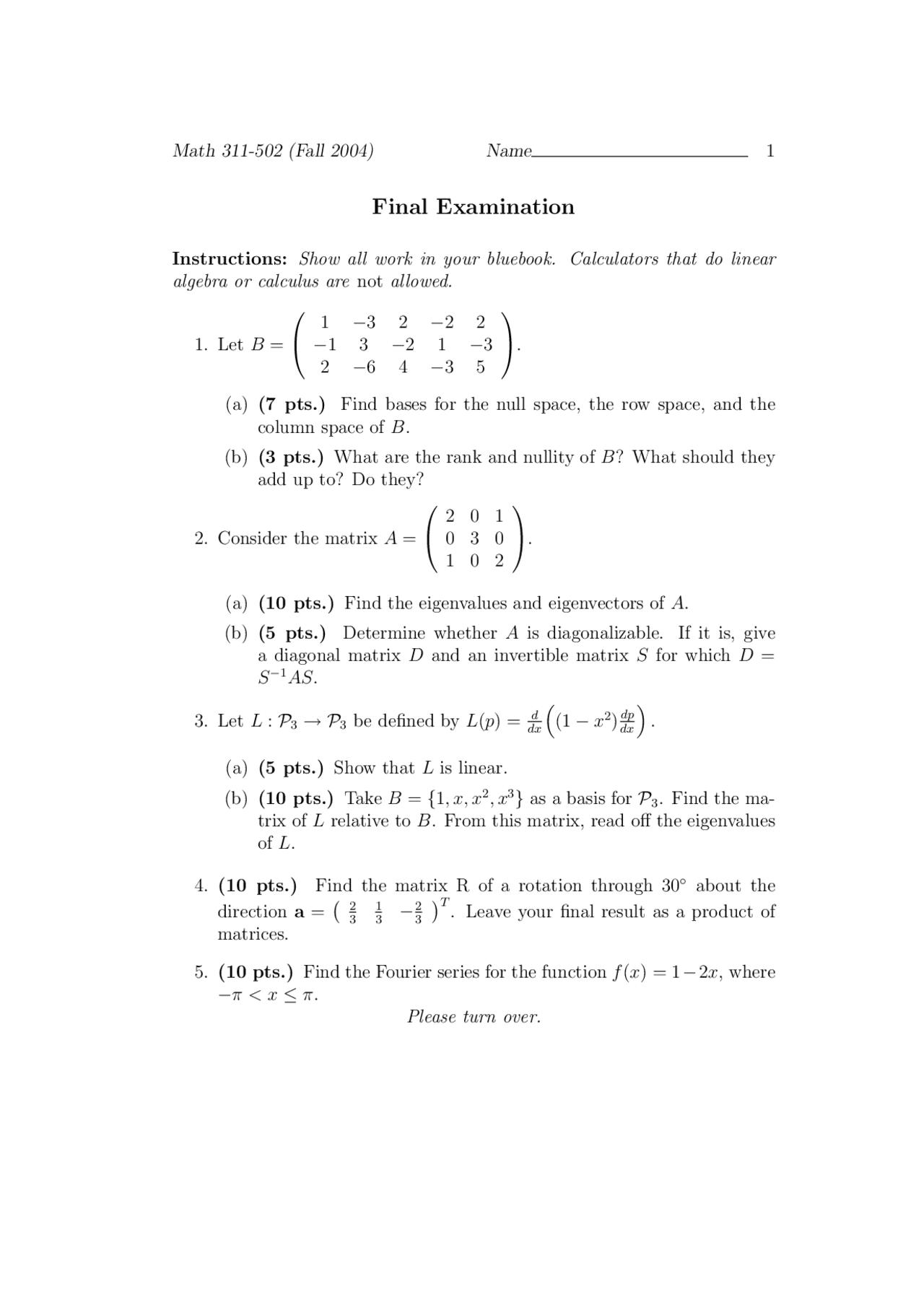 Final Examination Fall 2004 Top In Applied Mathematics I Math 311