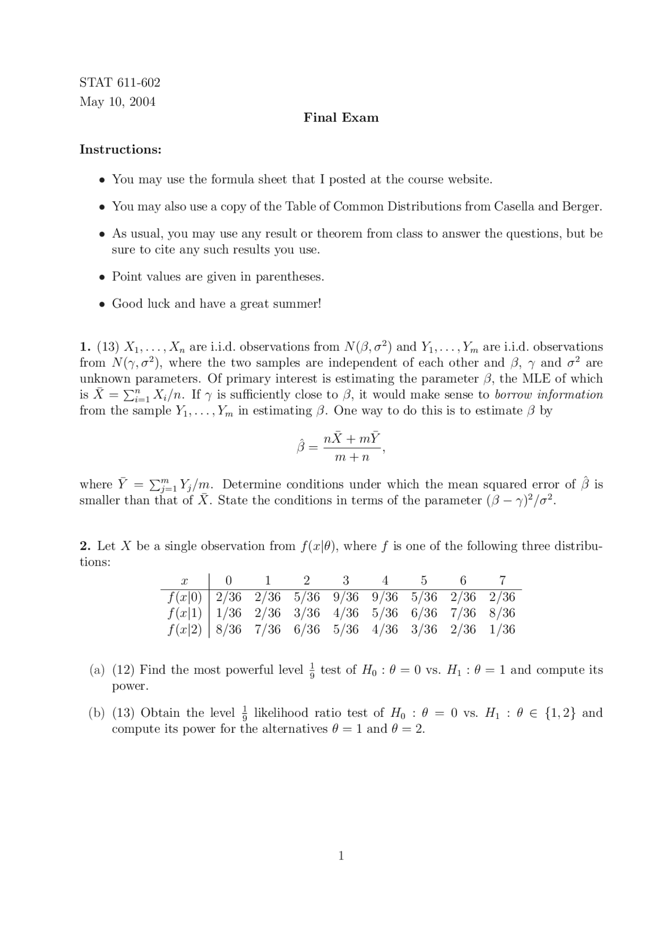 4 Questions Of Theory Of Inference Final Exam Stat 611 Docsity