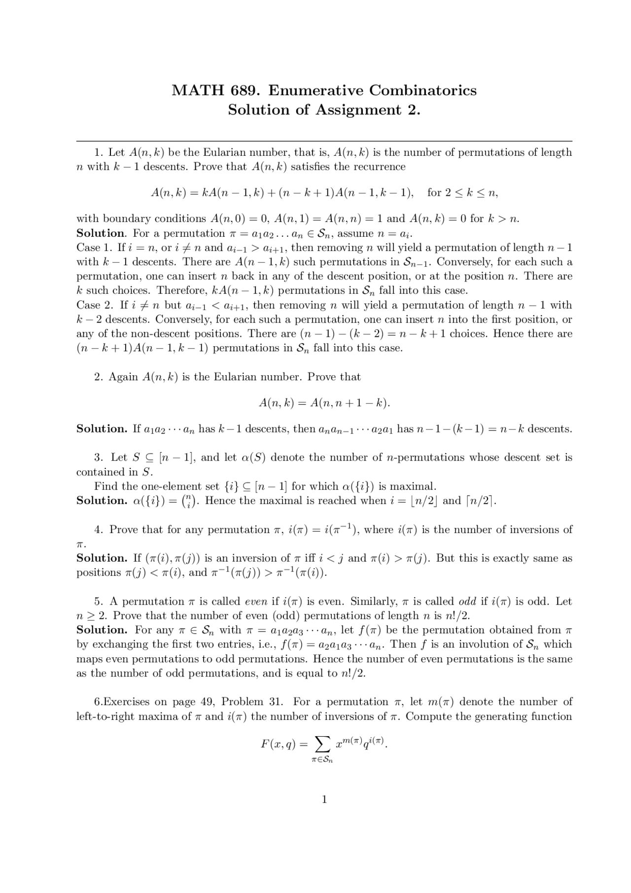 Solutions to Assignment 2 in Enumerative Combinatorics (MATH 689) | Assignments Mathematics ...