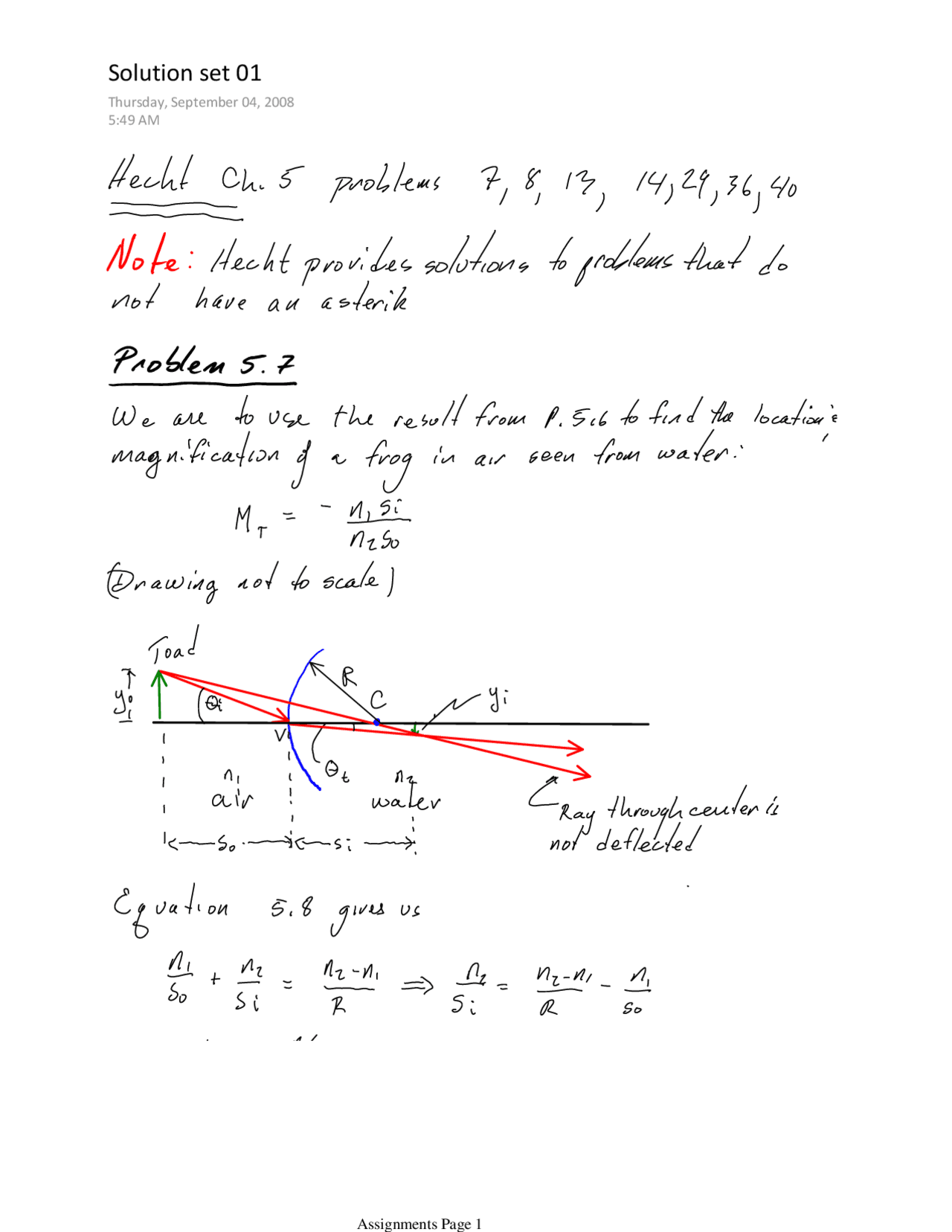 Optics Problem Set 1 With Solutions Phys 4510 Docsity