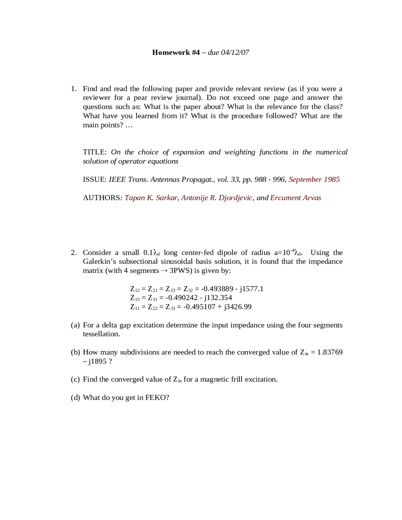 Practice Homework 4 Computational Electromagnetics Ecen 5154 Docsity