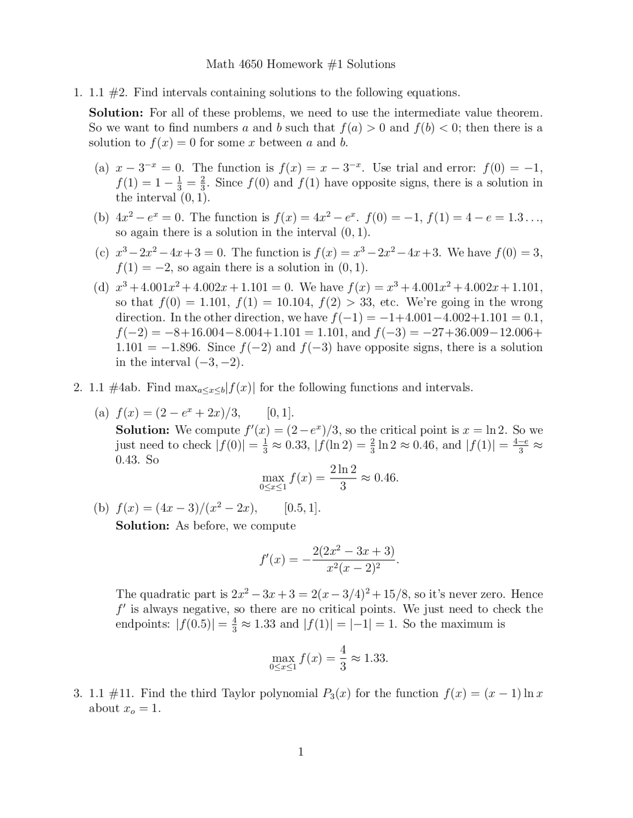 Homework 1 With Solutions For Intermediate Numerical Analysis 1 Math