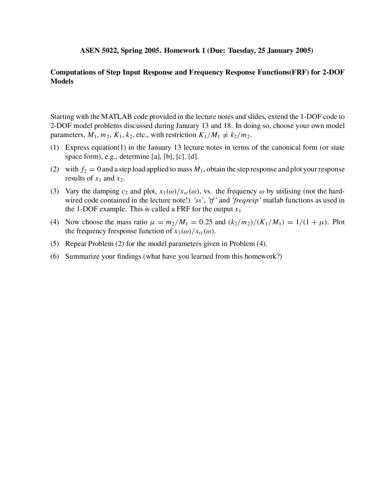 Computations of Step Input Response and Frequency Response Functions ...