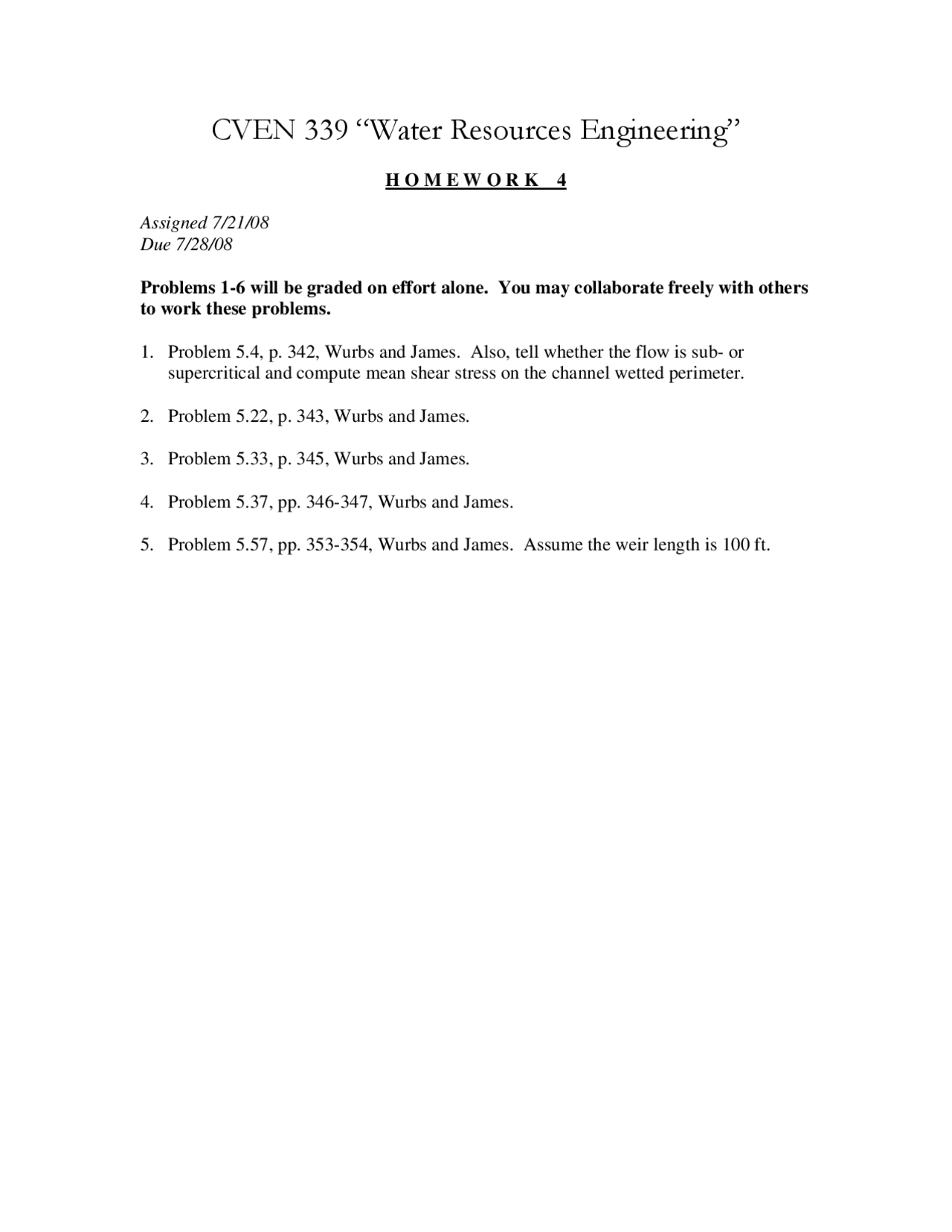 Water Resources Engineering Assignment 4 Cven 339 Assignments
