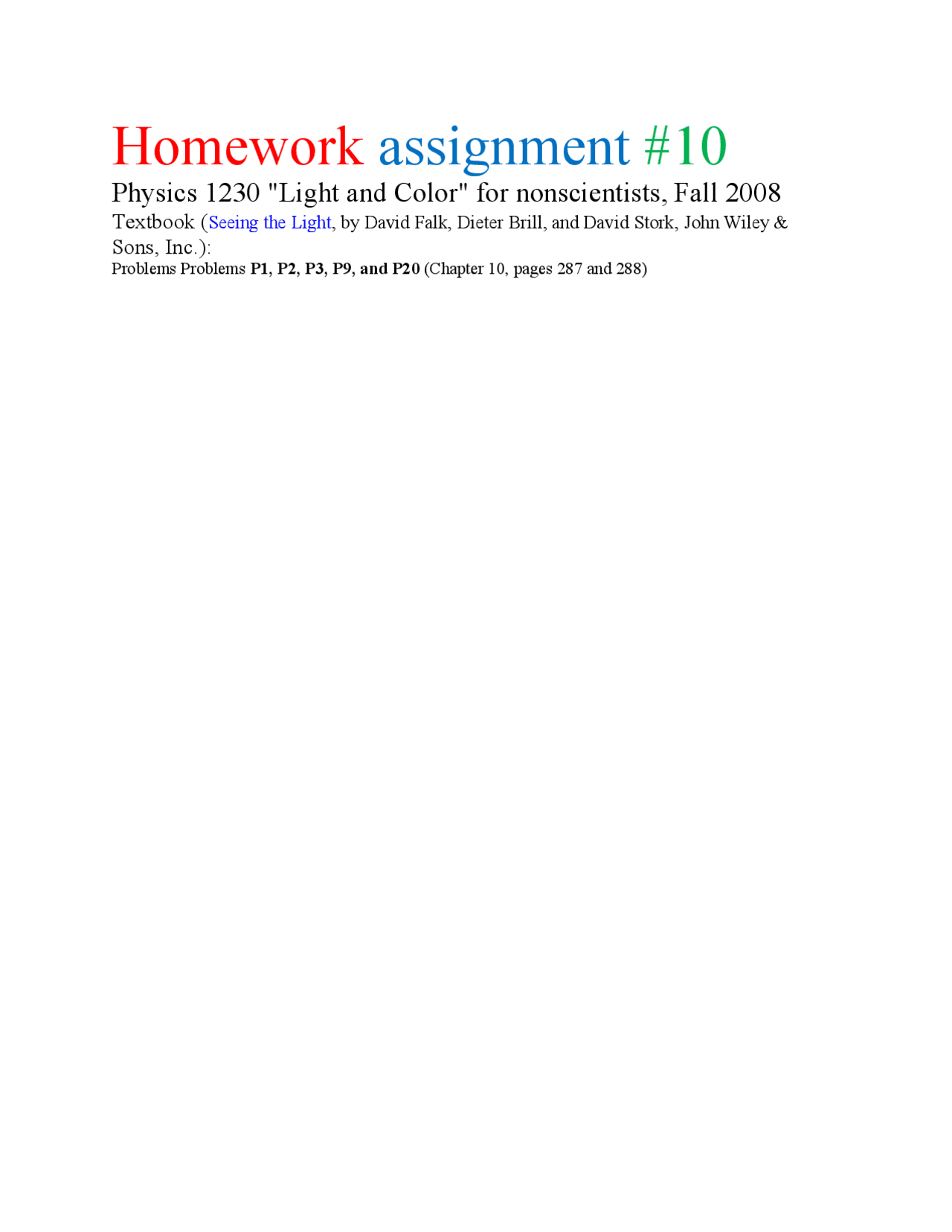 Assignment 10 Light And Color For Nonscientists Phys 1230 Docsity