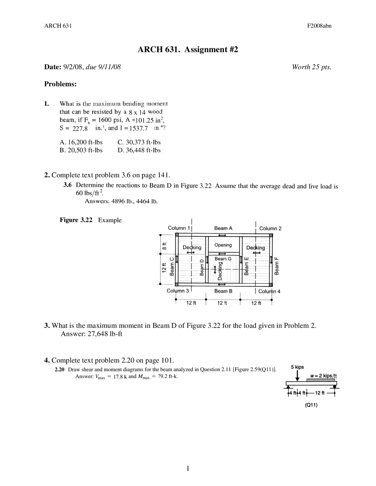 Problems To Assignment 2 Applied Architectural Structures Arch 631