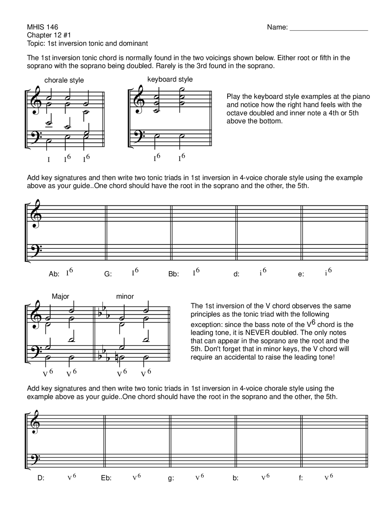 First Inversion Tonic And Dominant In Aural Skills Assignment Mhis
