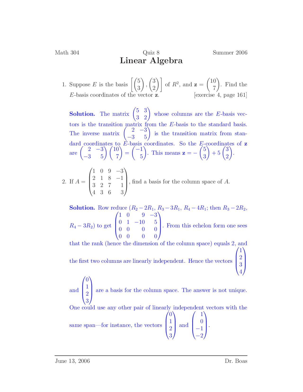 Linear Algebra Quiz 8 With Solutions Fall 2006 Math 304 Docsity