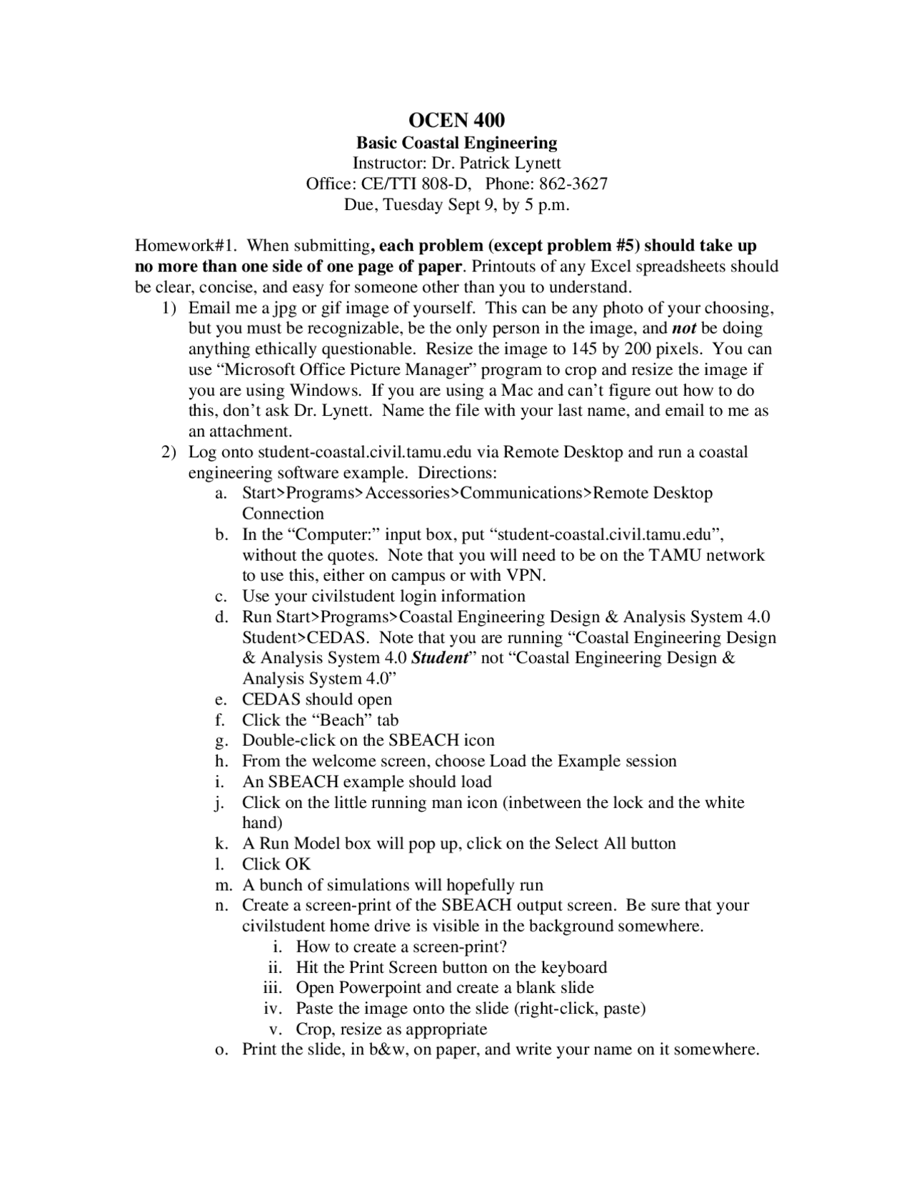 Homework 1 Basic Coastal Engineering Ocen 400 Docsity