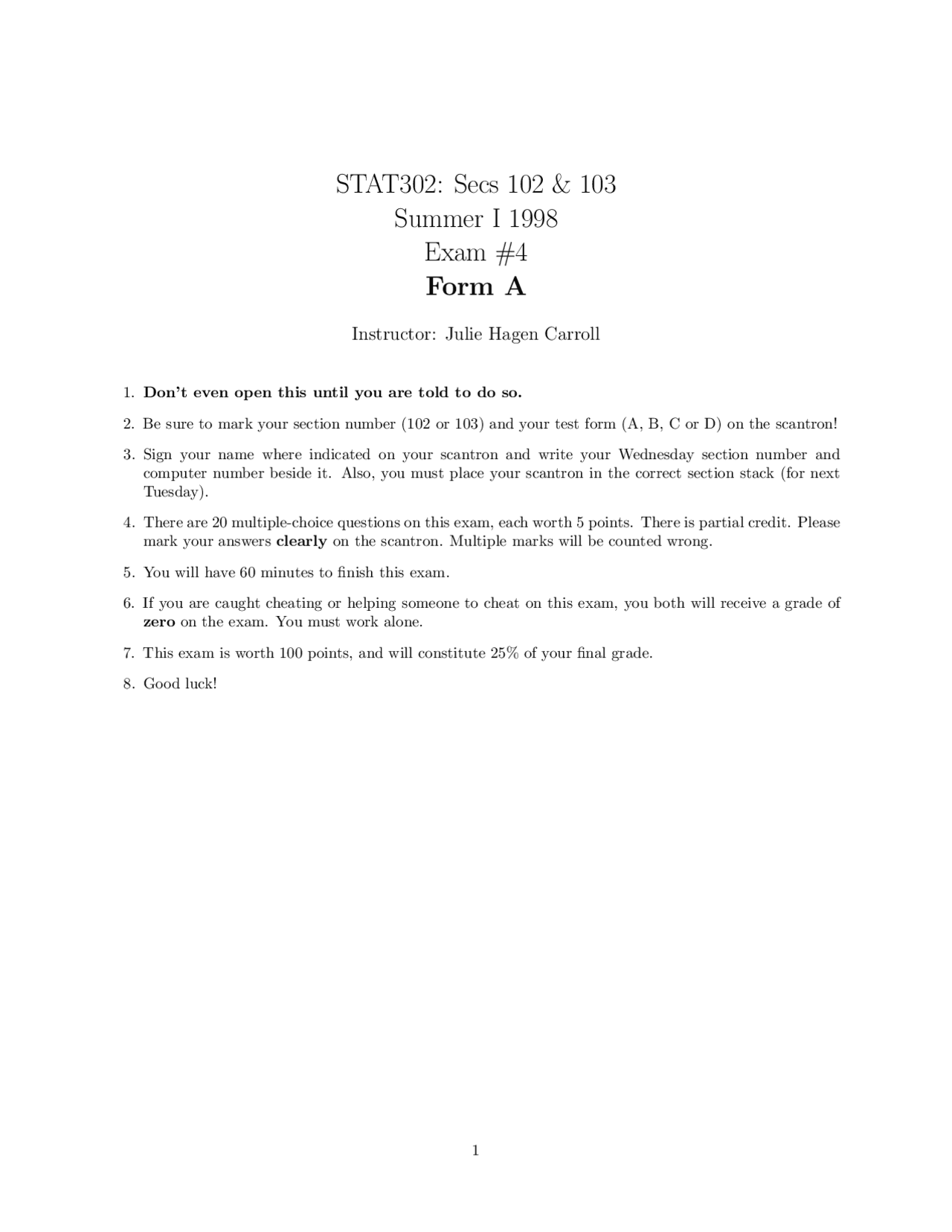 20 Multiple Choice Questions With Key Statistical Methods Exam 4 Stat 302 Docsity