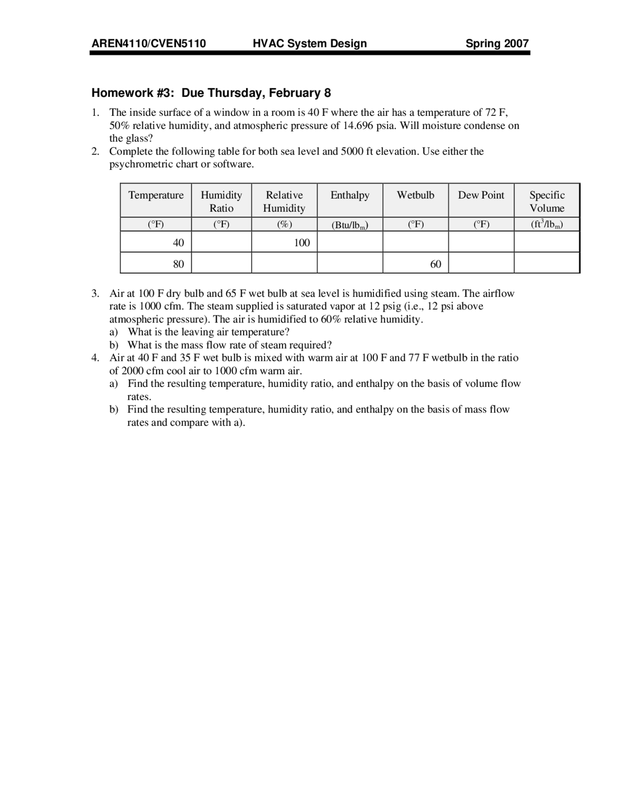HVAC System Design Homework Solutions for AREN4110/CVEN5110, Spring 2007 - Prof. Mj Brande ...