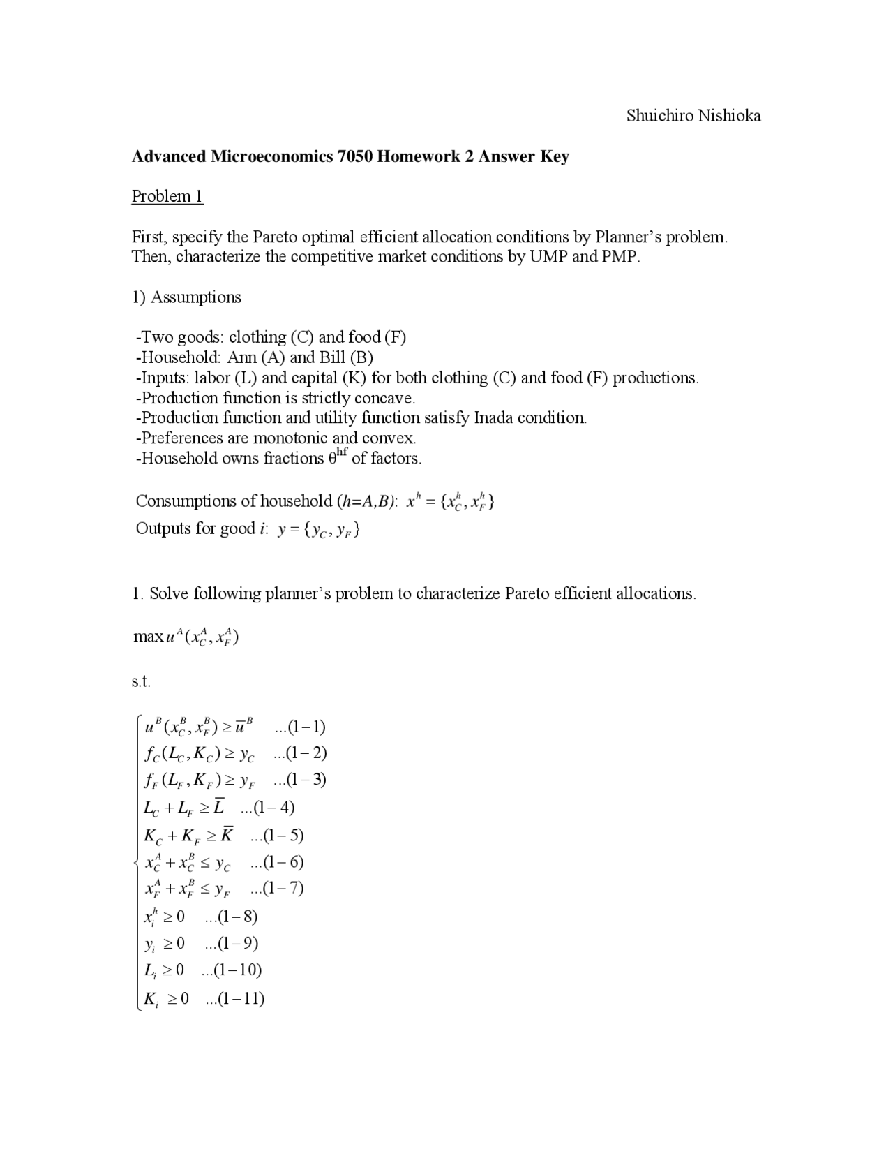 Homework 2 Problems With Solutions Advanced Economic Theory Econ