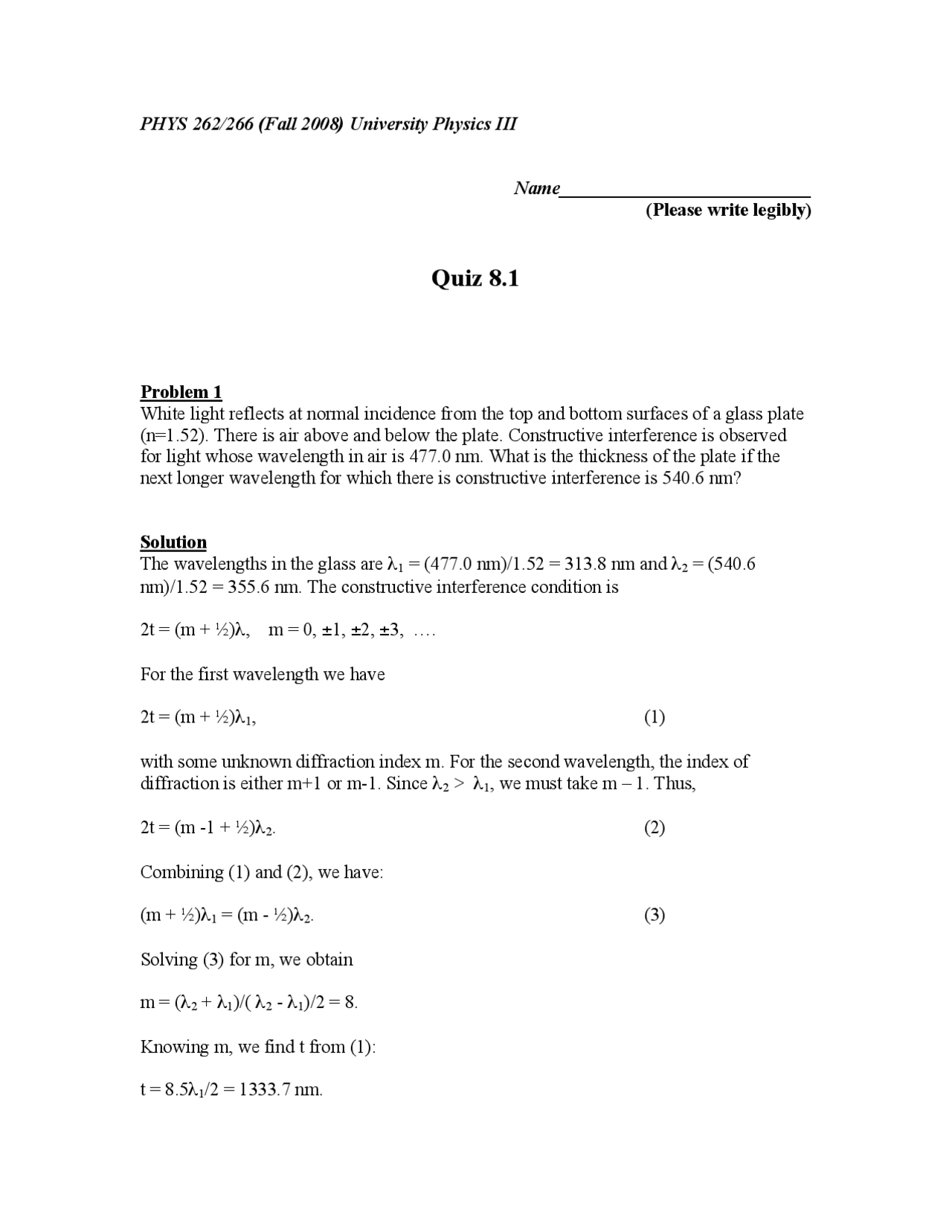 Quiz 8 With Solution University Physics Phys 262 Docsity