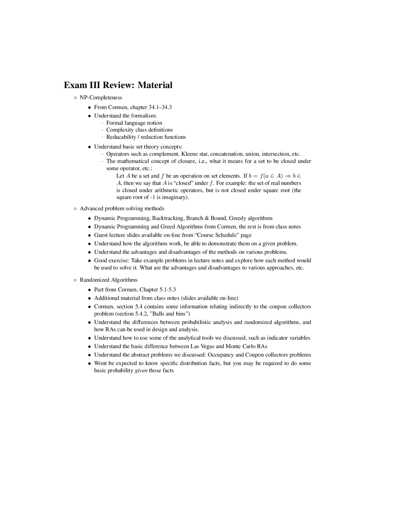 Review Sheet For Exam 3 Analysis Of Algorithms Cs 483 Docsity